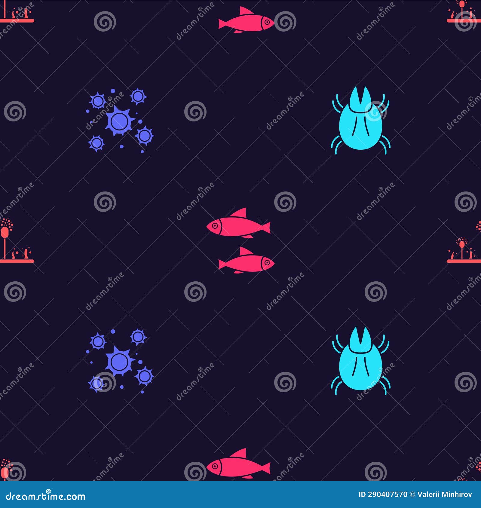 Set Parasite Mite, Bacteria, Fish and Mold on Seamless Pattern. Vector ...
