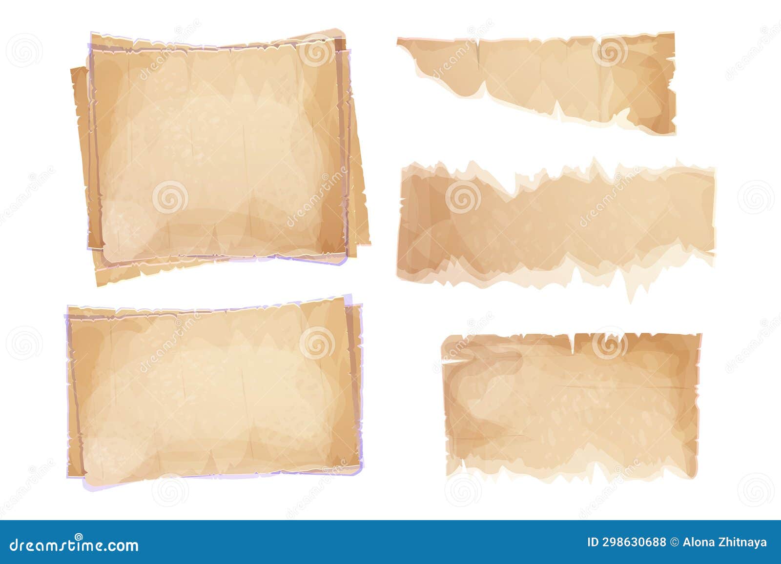 Set Parchment Paper, Torn Pieces, Old Sheets in Cartoon Style, Textured ...