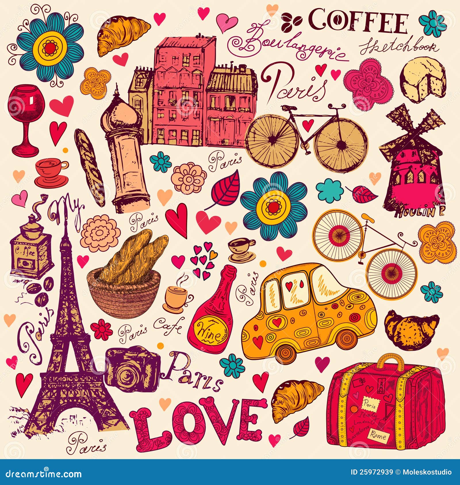 Set of Paris symbols stock illustration. Illustration of coffee - 25972939