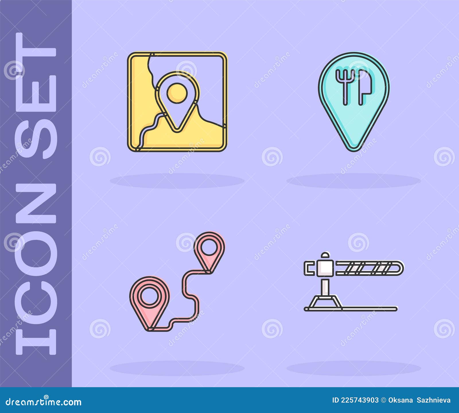 Set Parking Car Barrier, Folded Map with Location Marker, Route and ...