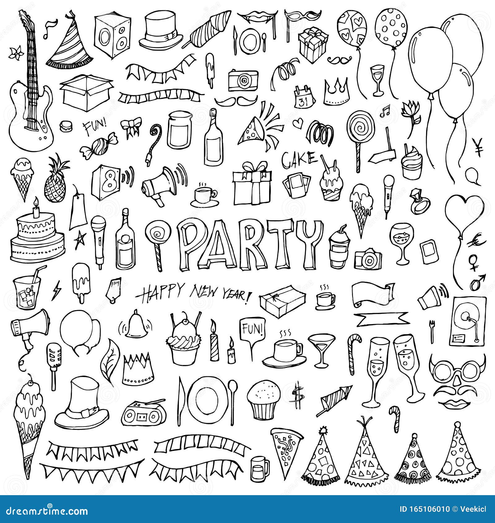 Set of Party Drawing Illustration Hand Drawn Doodle Sketch Line Vector ...