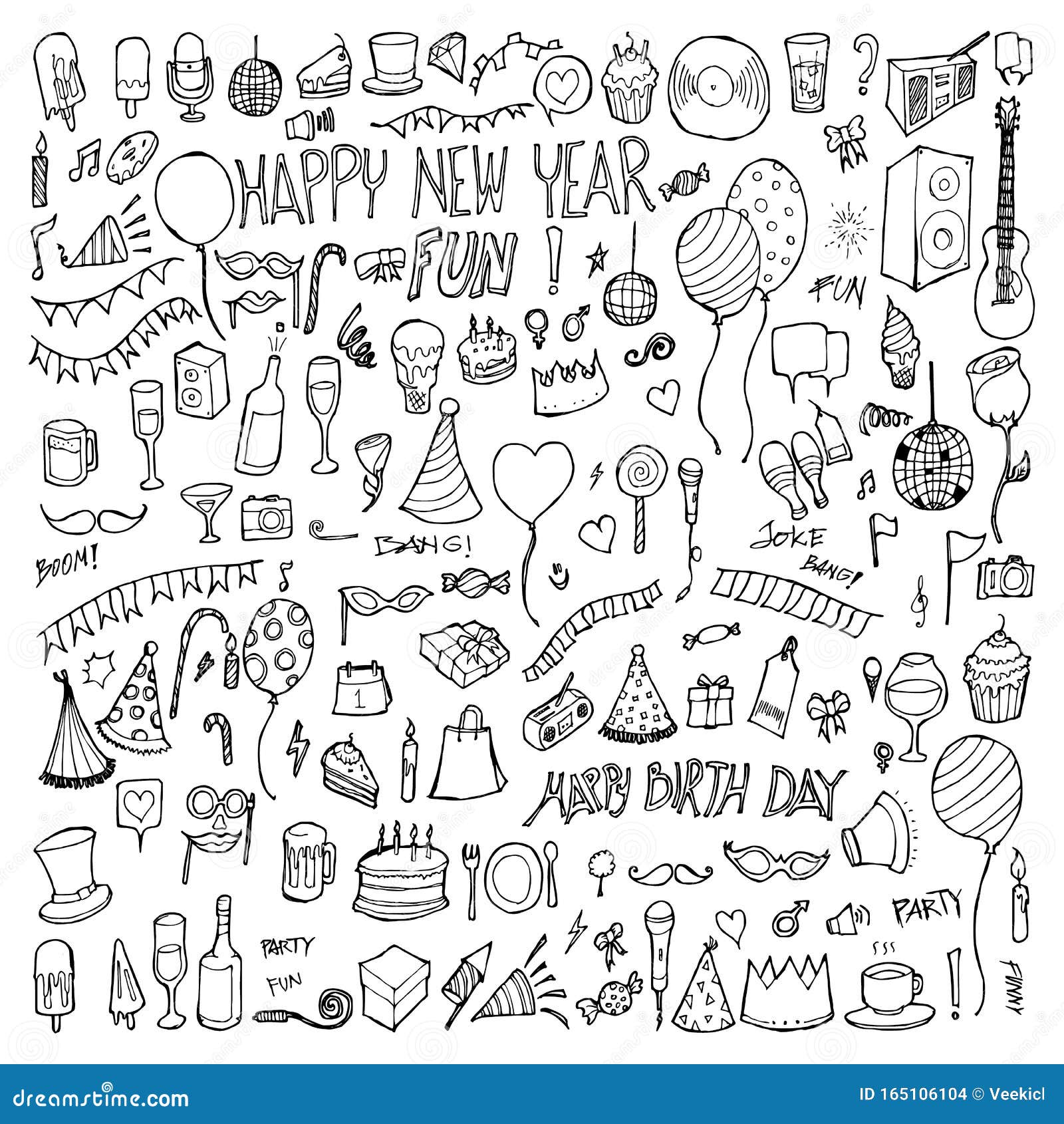 Set of Party Drawing Illustration Hand Drawn Doodle Sketch Line Vector ...