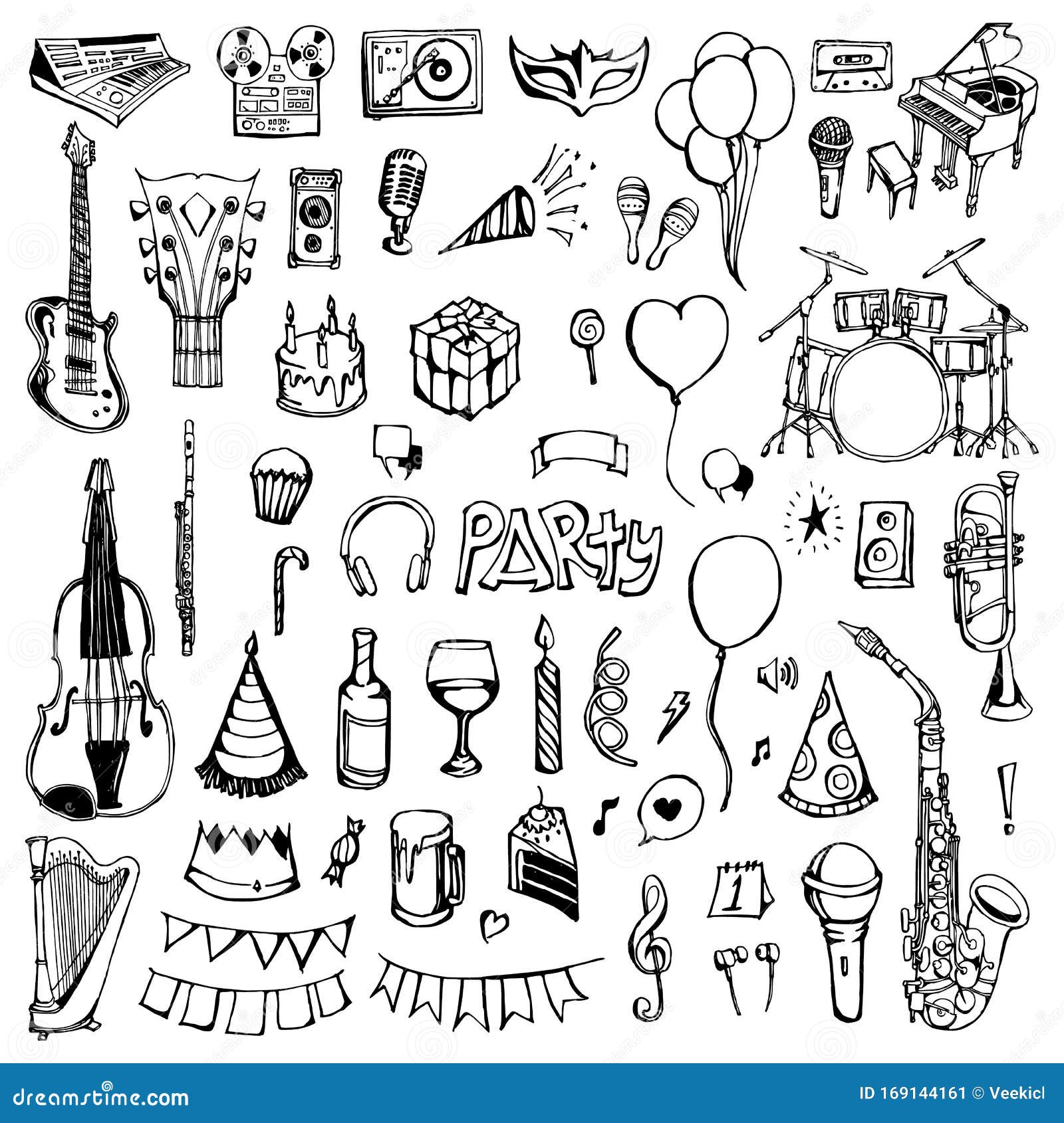 Set of Party Drawing Illustration Hand Drawn Doodle Sketch Line Vector ...