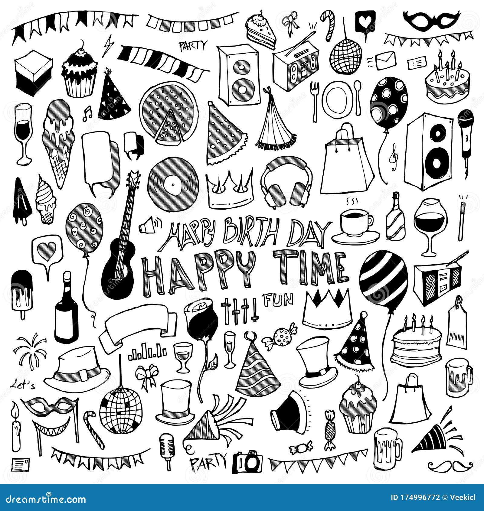 Set of Party Drawing Illustration Hand Drawn Doodle Sketch Line Vector ...