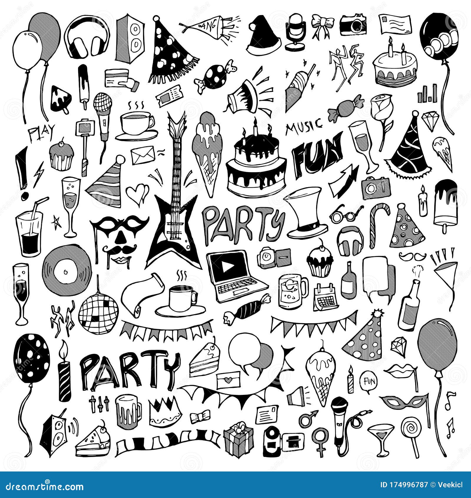 Set of Party Drawing Illustration Hand Drawn Doodle Sketch Line Vector ...