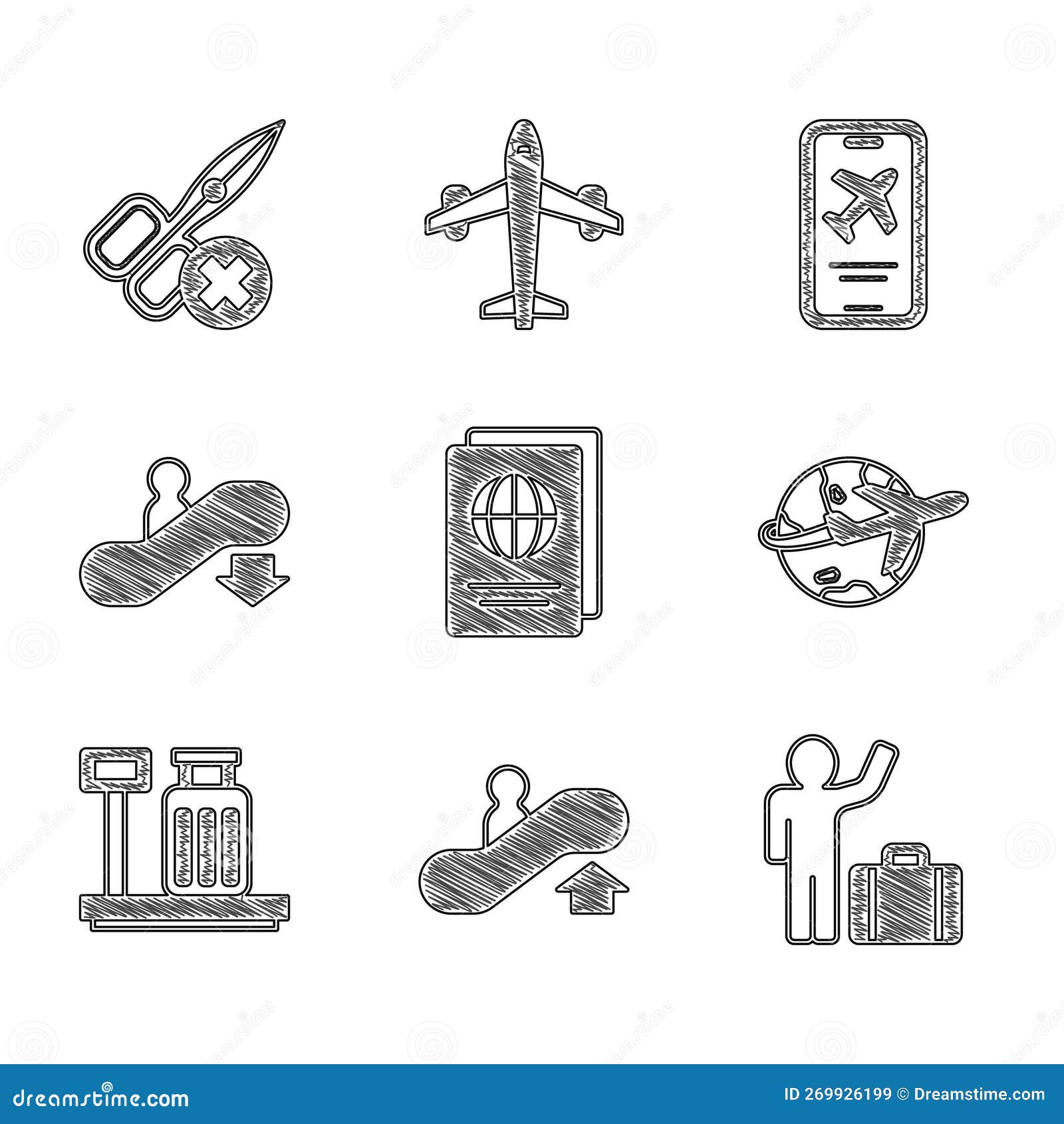 Set Plane, Scale With Suitcase, Flight Time And Conveyor Belt On ... Set Plane, Scale With Suitcase, Flight Time And Conveyor Belt On ...
