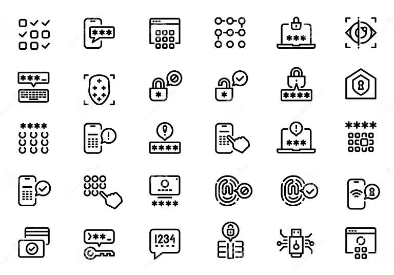 Set of Password and Security Line Icons Illustrating Various User ...