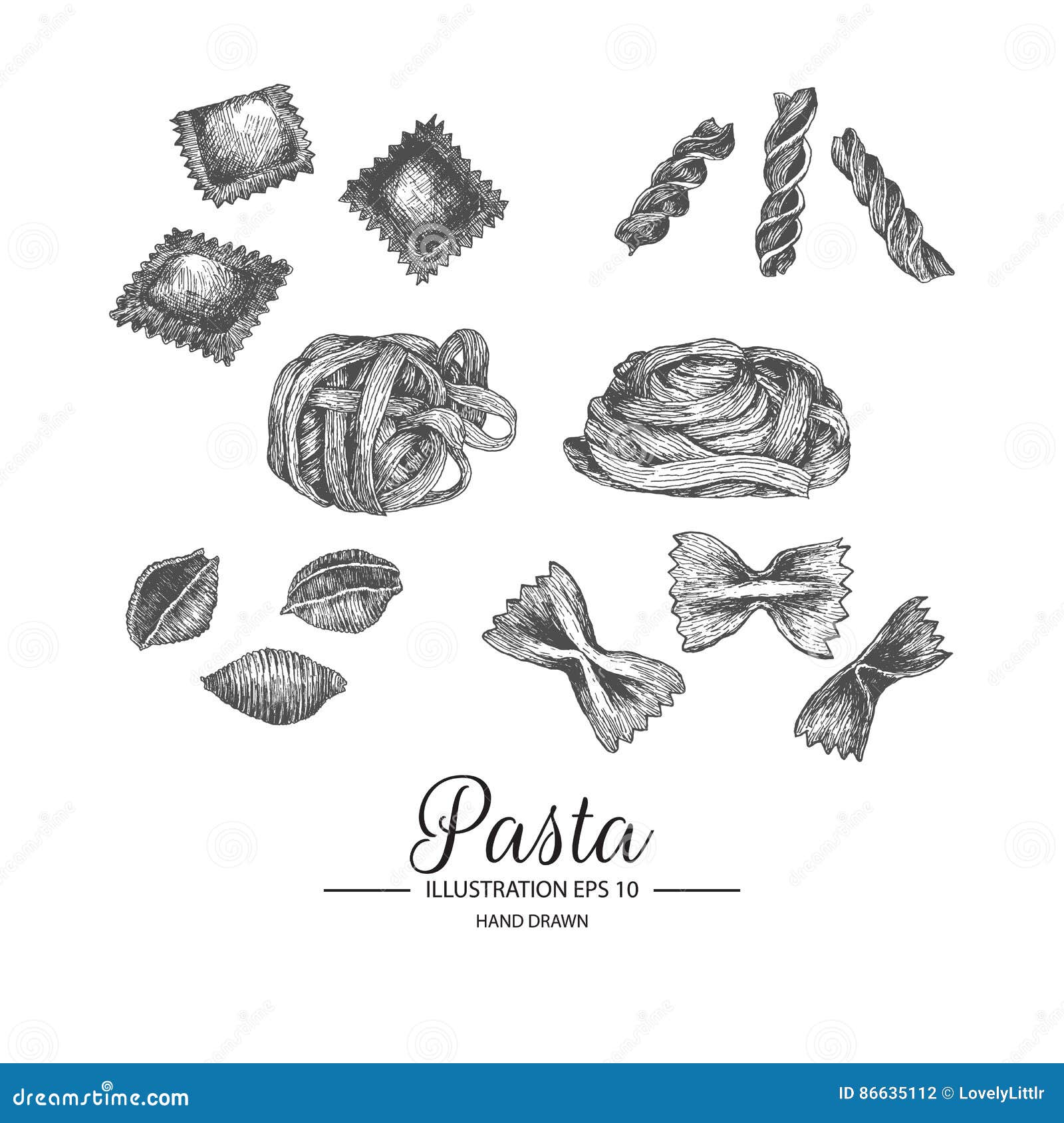 Set of Pasta. Hand Drawn Collection by Ink and Pen Sketch. Stock Vector ...