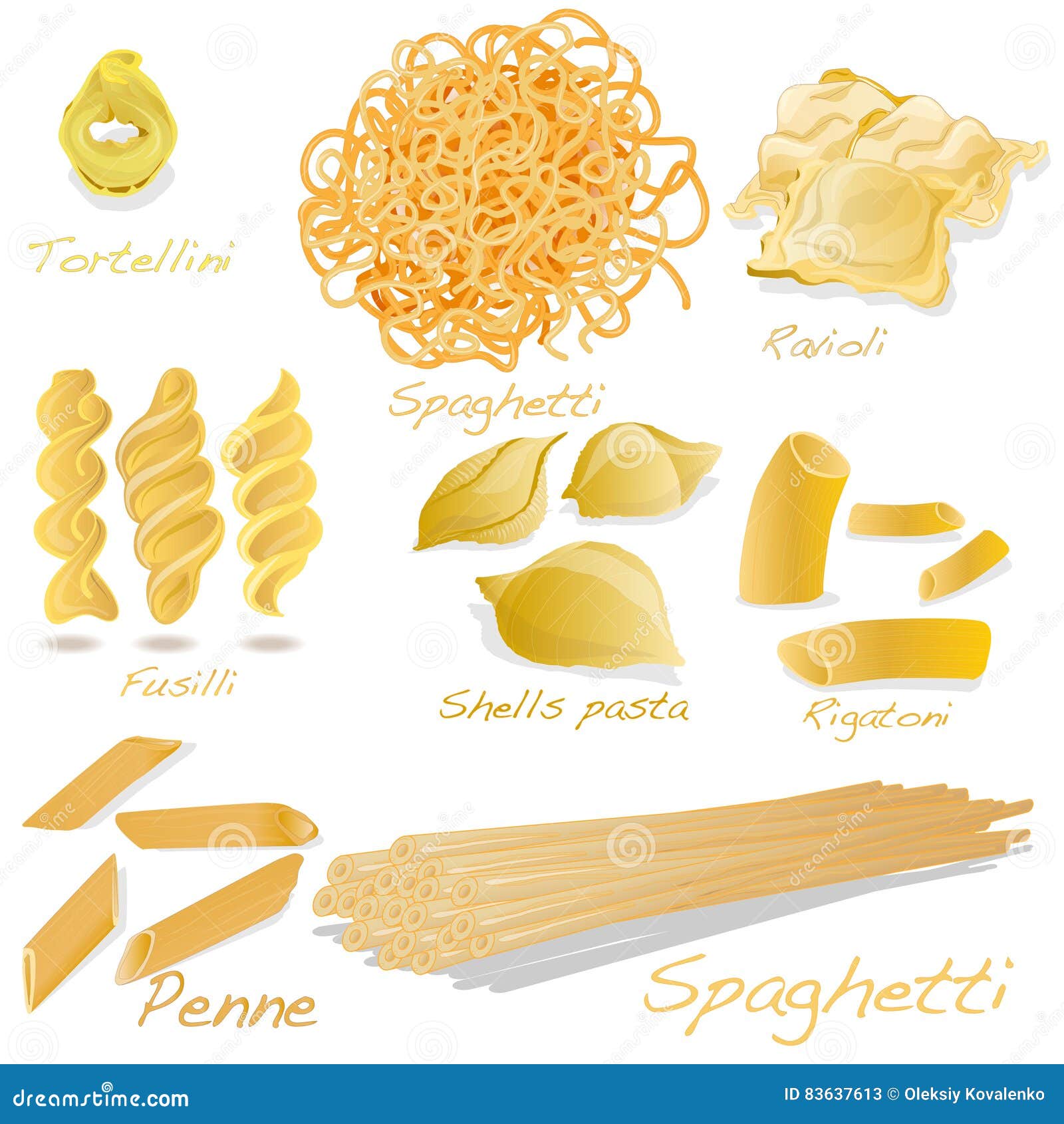 Set of Pasta Shapes. Vector. Stock Vector - Illustration of spaghetti ...