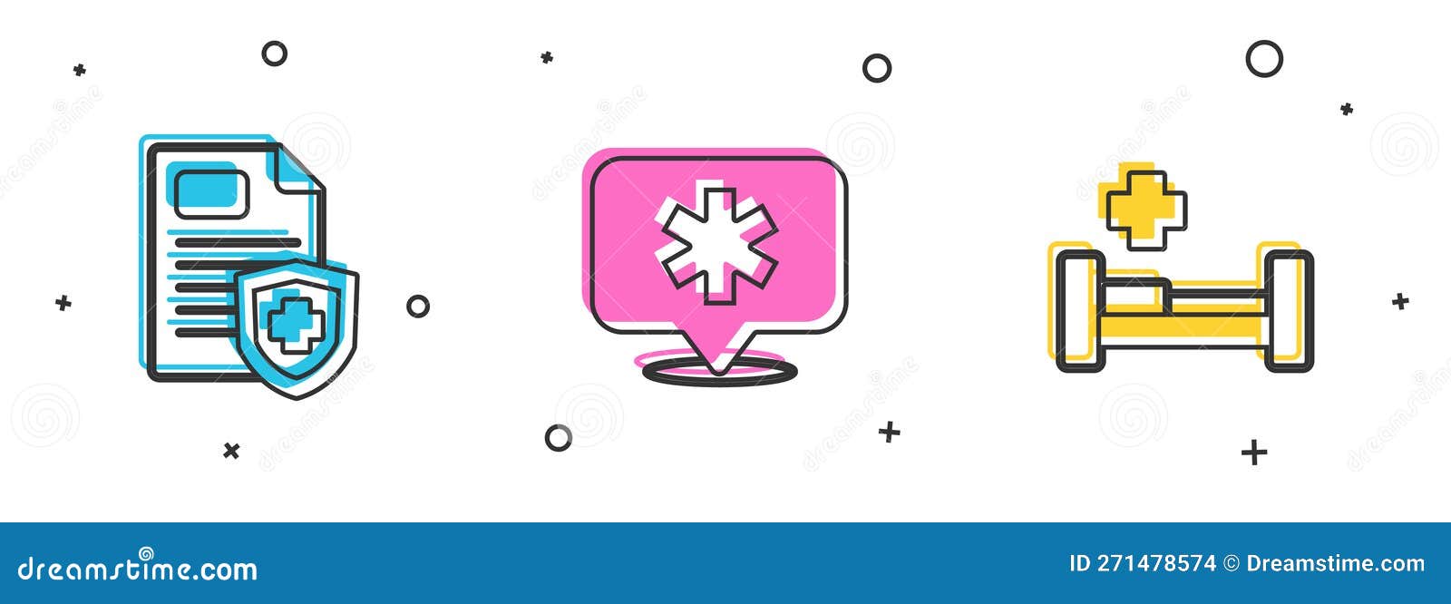 Set Patient Record, Location Hospital and Hospital Bed Icon. Vector ...