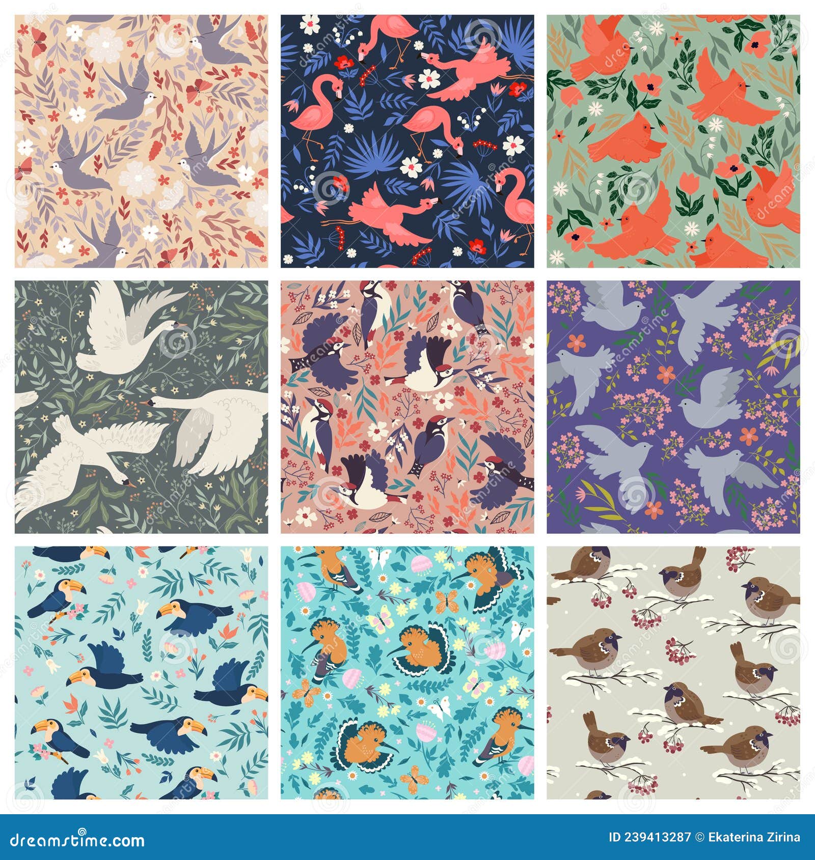 Set of Patterns with Various Birds. Vector Graphics Stock Vector ...