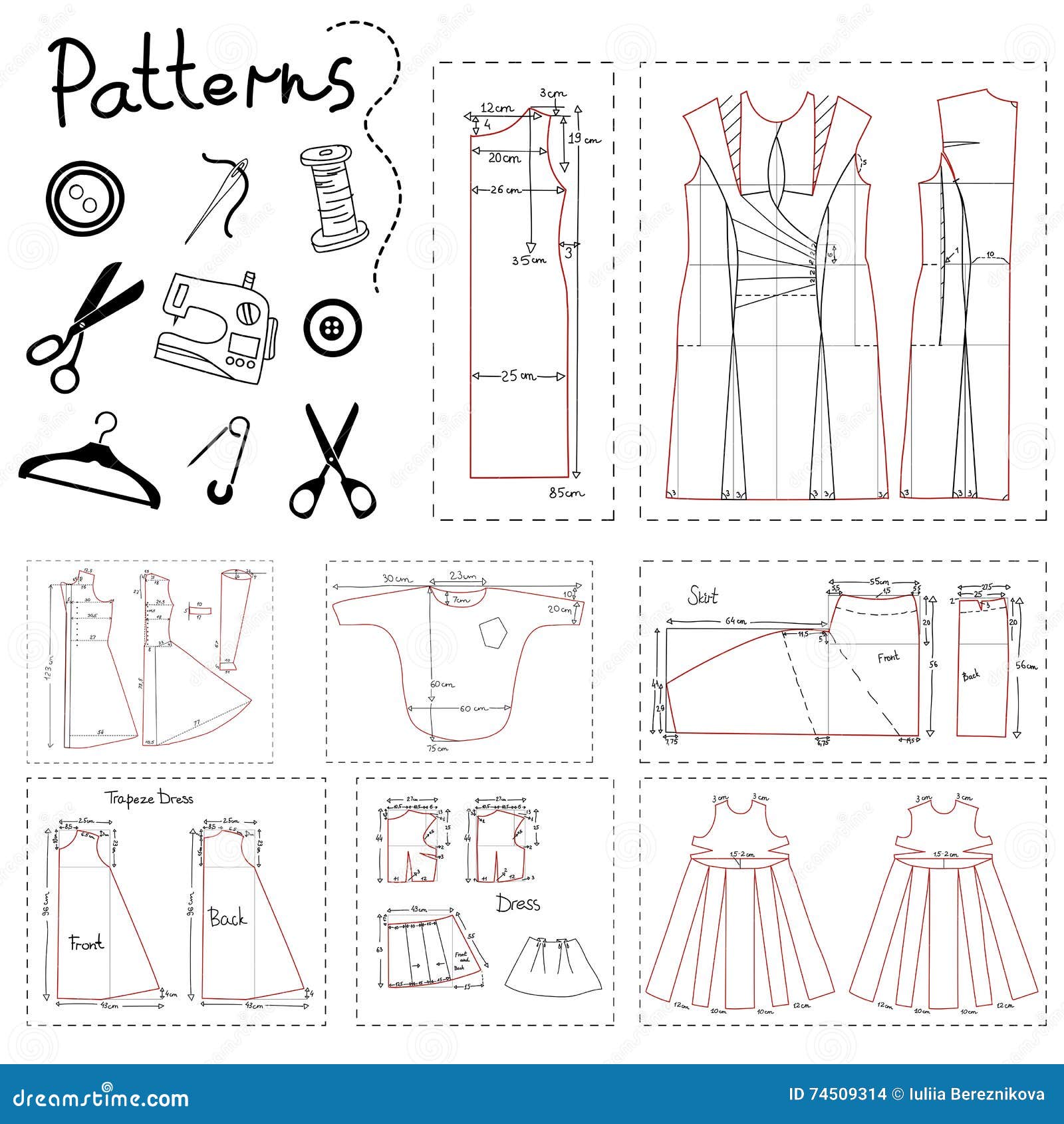 Set of Patterns of Women Clothes and Elements of Sewing. Stock Vector ...