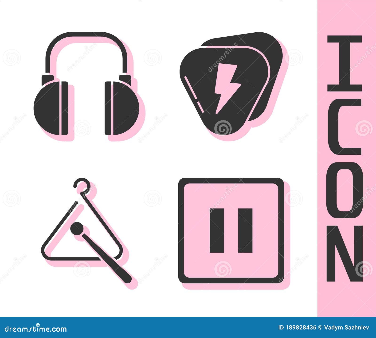Set Pause Button, Headphones, Triangle Musical Instrument and Guitar ...