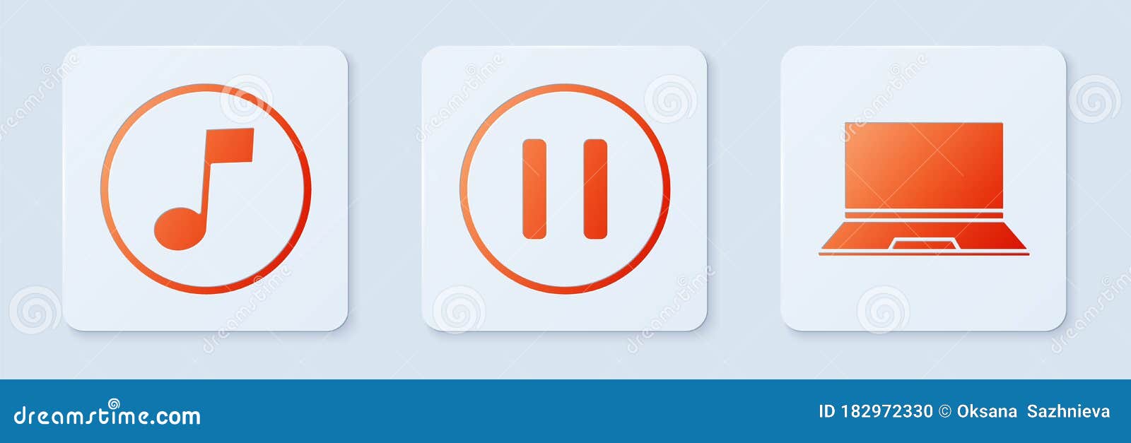 Set Pause Button, Music Note, Tone and Laptop. White Square Button ...