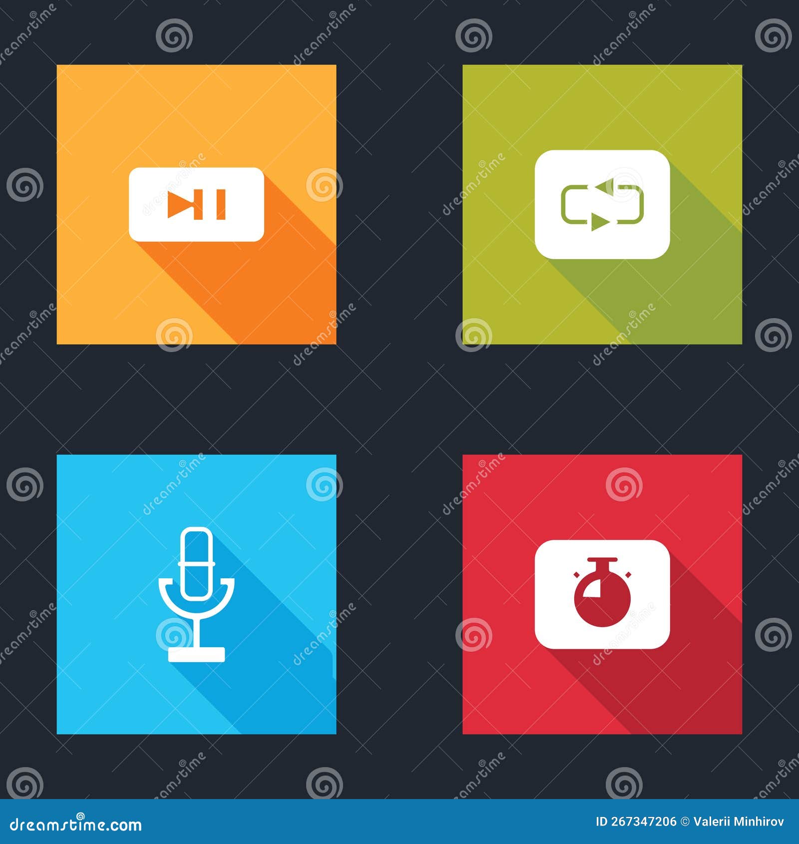 Set Pause Button, Repeat, Microphone and Stopwatch Icon. Vector Stock ...