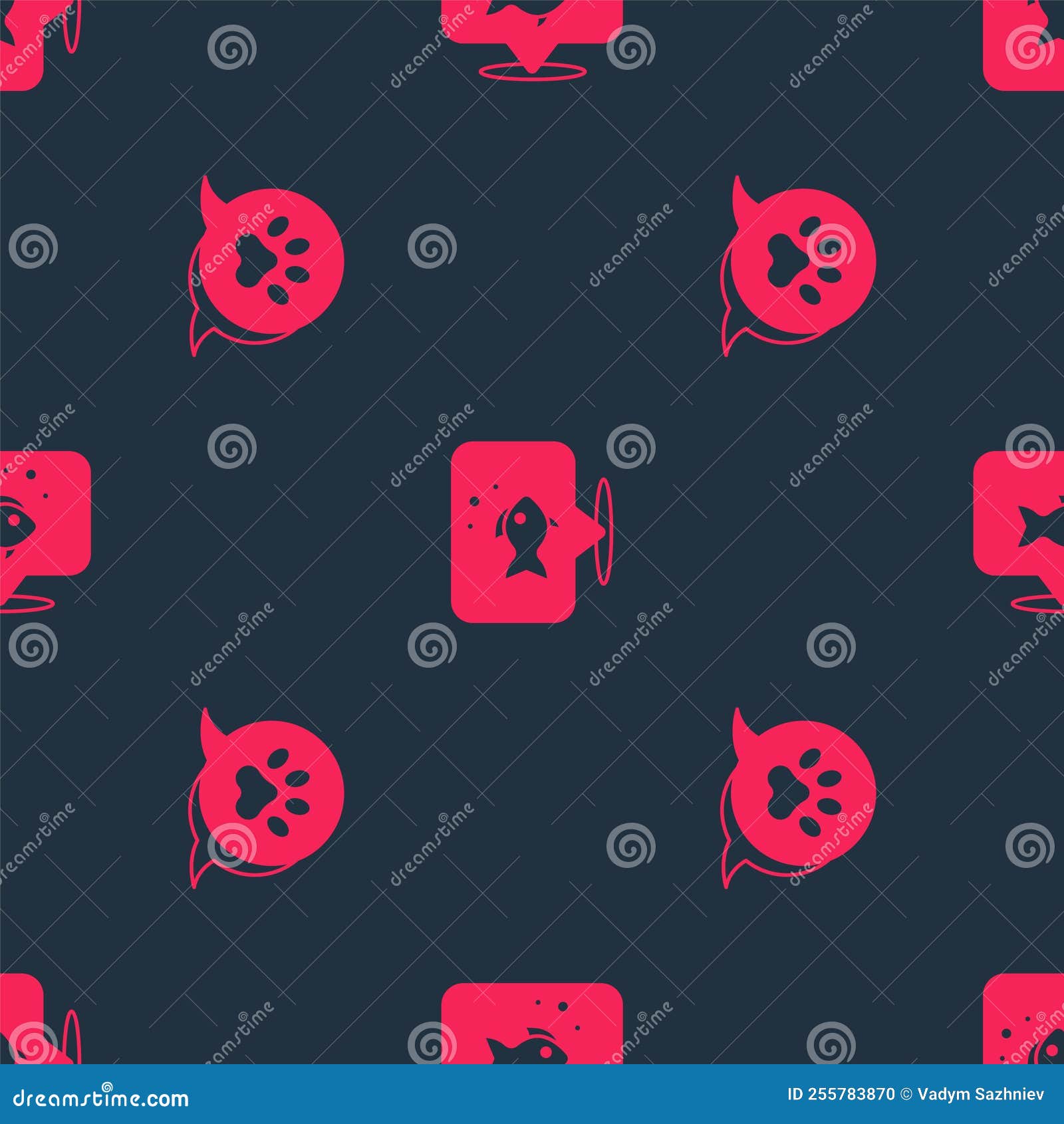 Set Paw Print and Fish on Seamless Pattern. Vector Stock Vector ...
