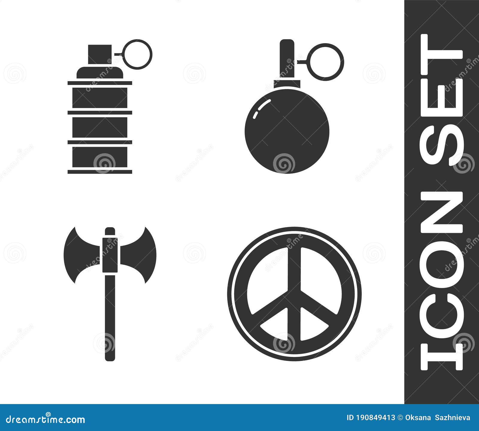 Set Peace, Hand Grenade, Medieval Axe and Hand Grenade Icon. Vector ...