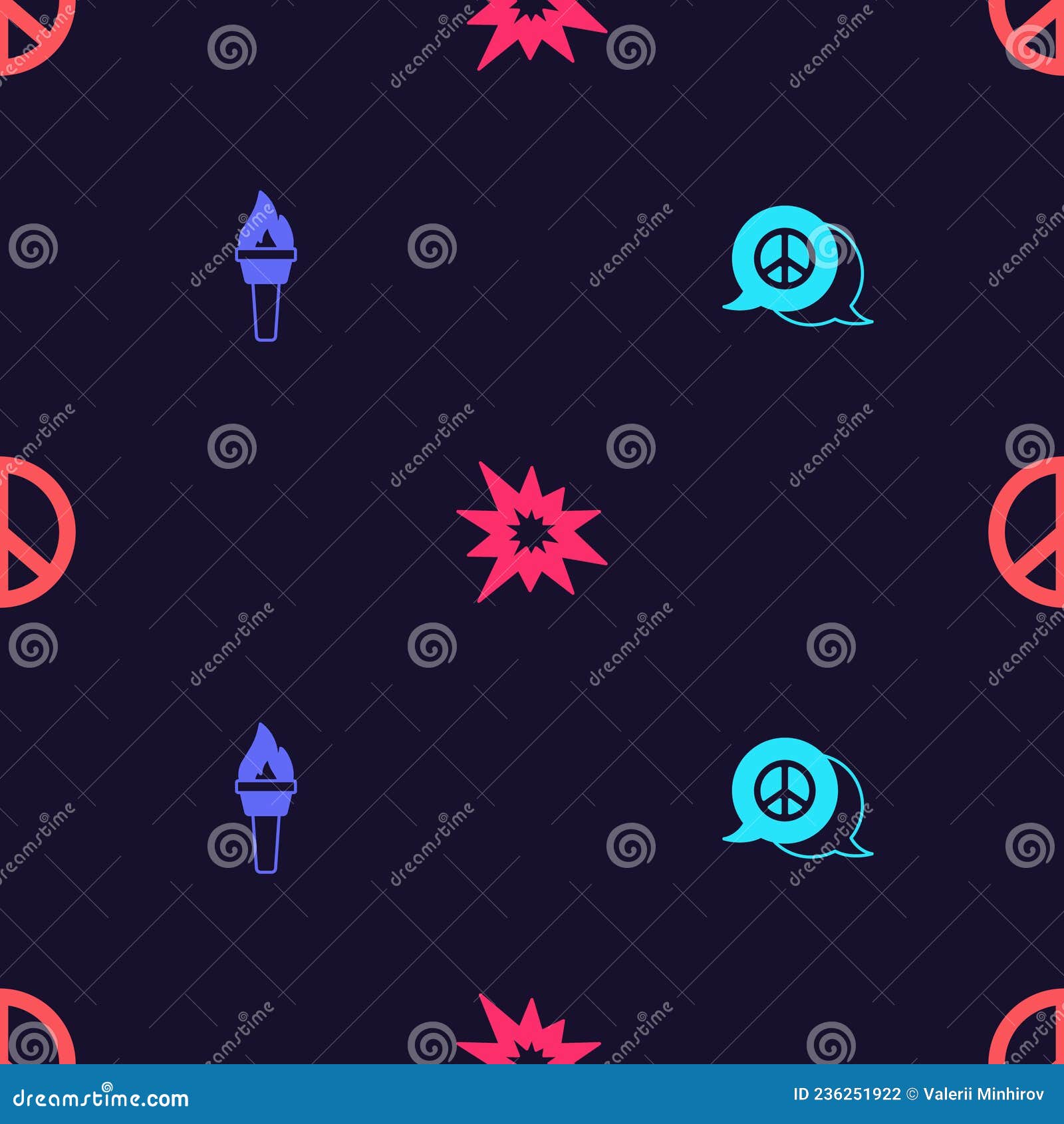 Set Peace, Torch Flame, Bomb Explosion and on Seamless Pattern. Vector ...