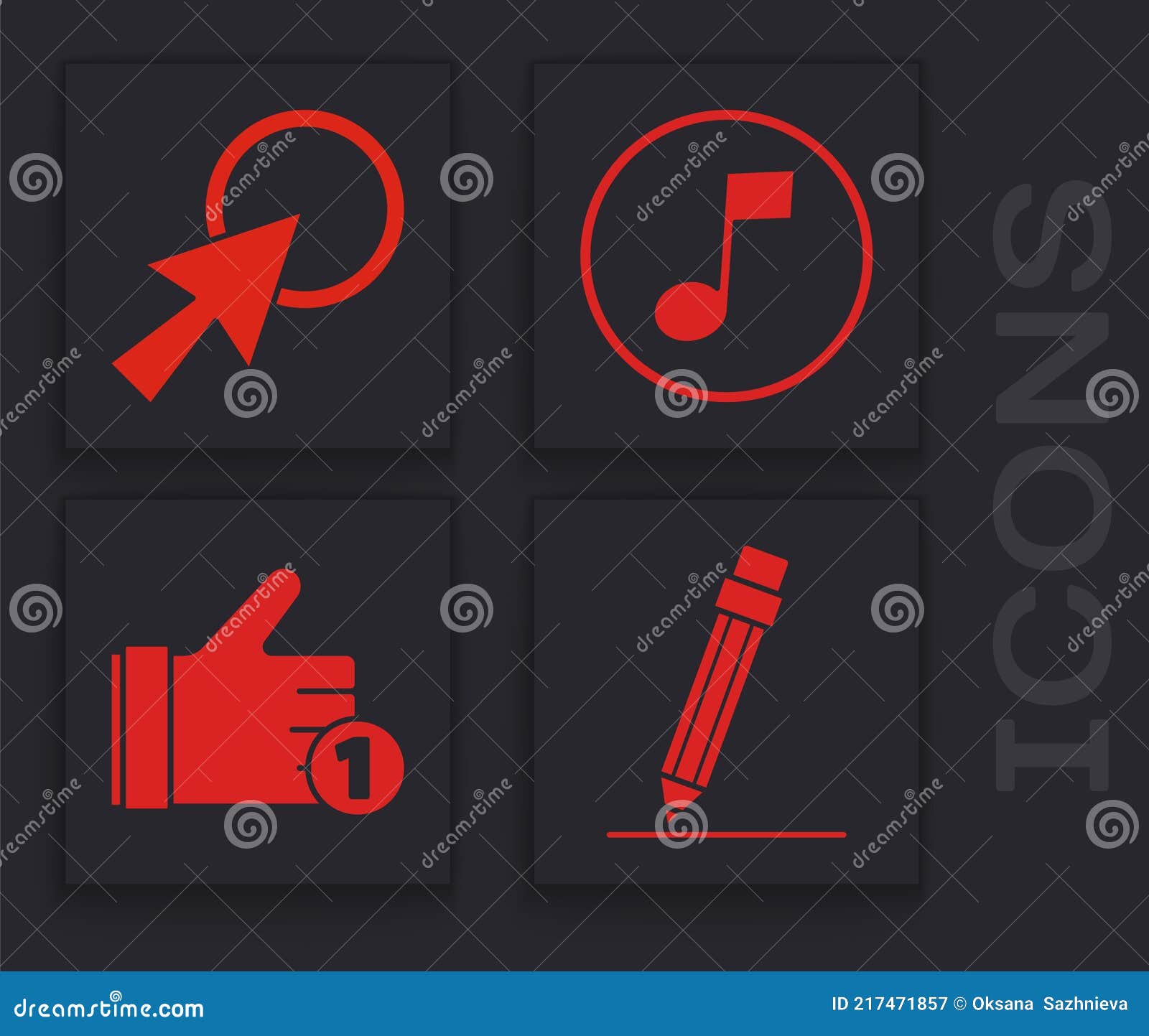 Set Pencil with Eraser, Arrow Cursor, Music Note, Tone and Hand Like ...