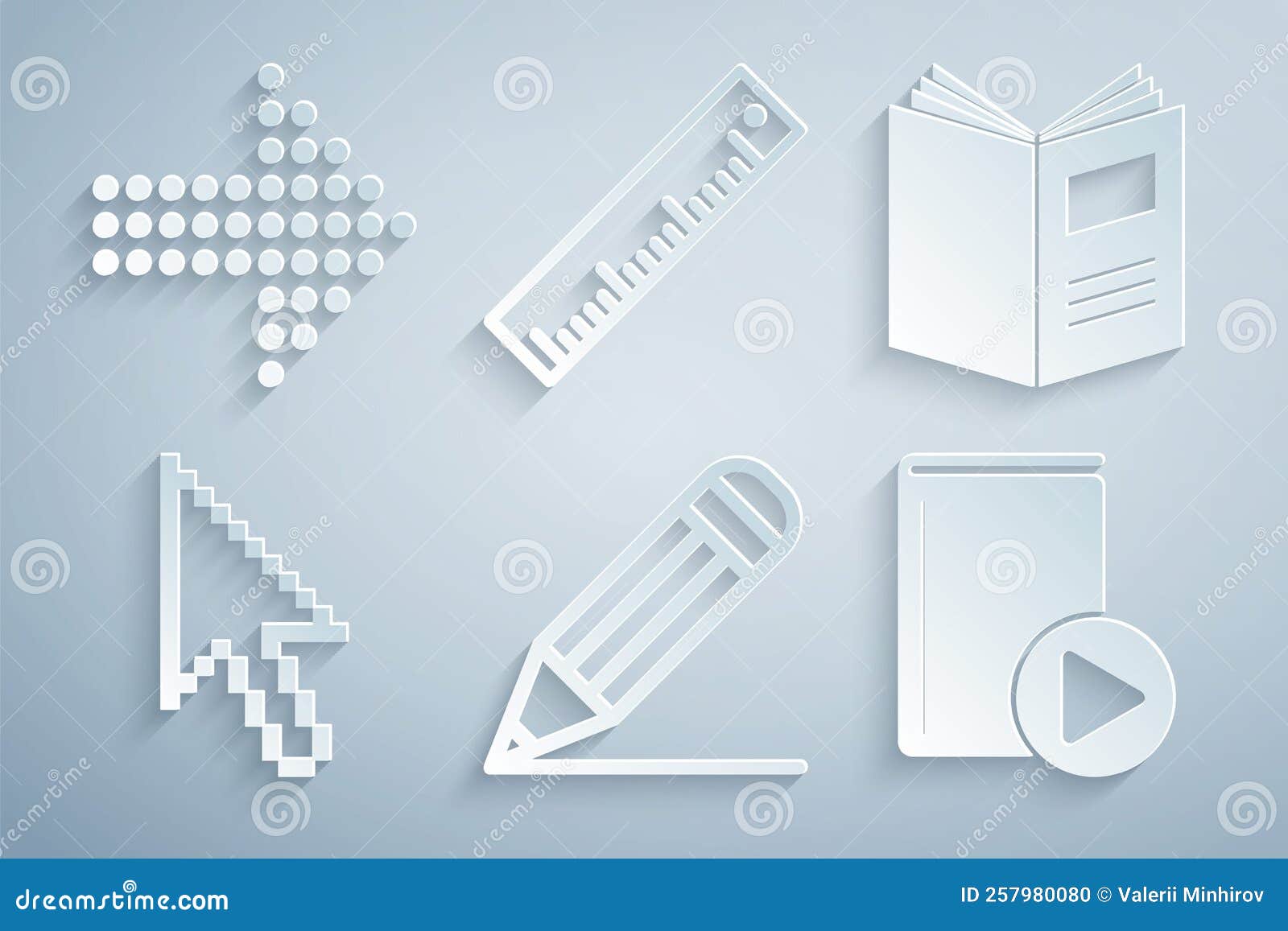 Set Pencil and Line, Open Book, Pixel Arrow Cursor, Audio, Ruler and ...
