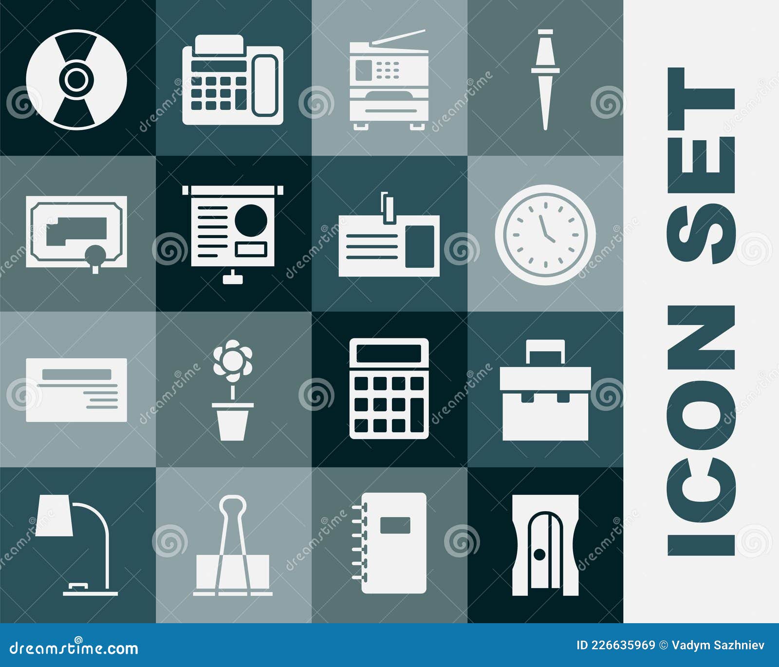 Set Pencil Sharpener, Briefcase, Clock, Printer, Chalkboard with ...