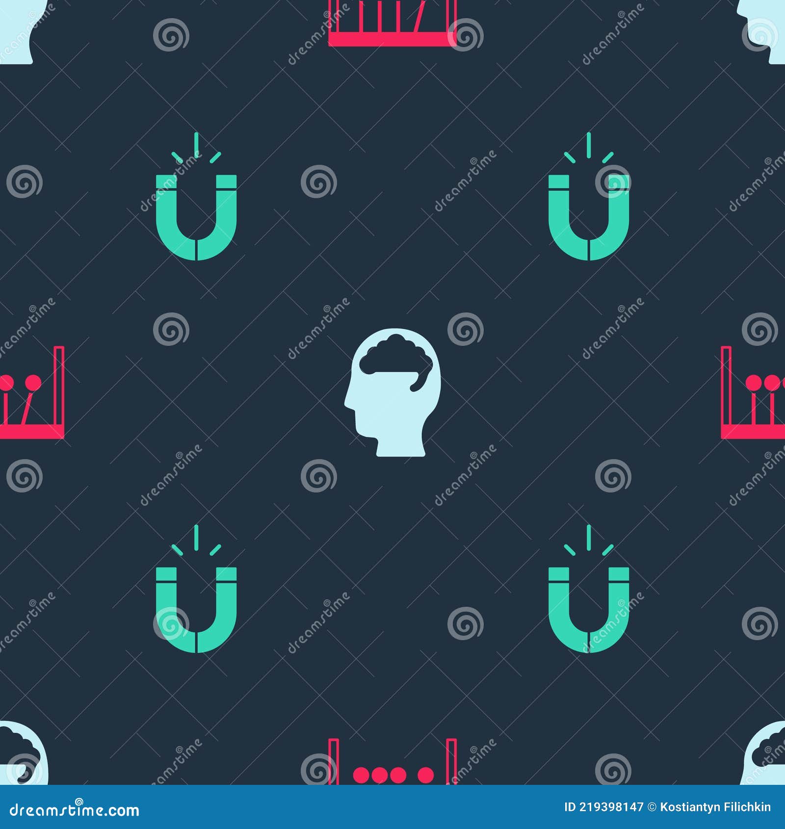 Set Pendulum, Human Brain and Magnet on Seamless Pattern. Vector Stock ...