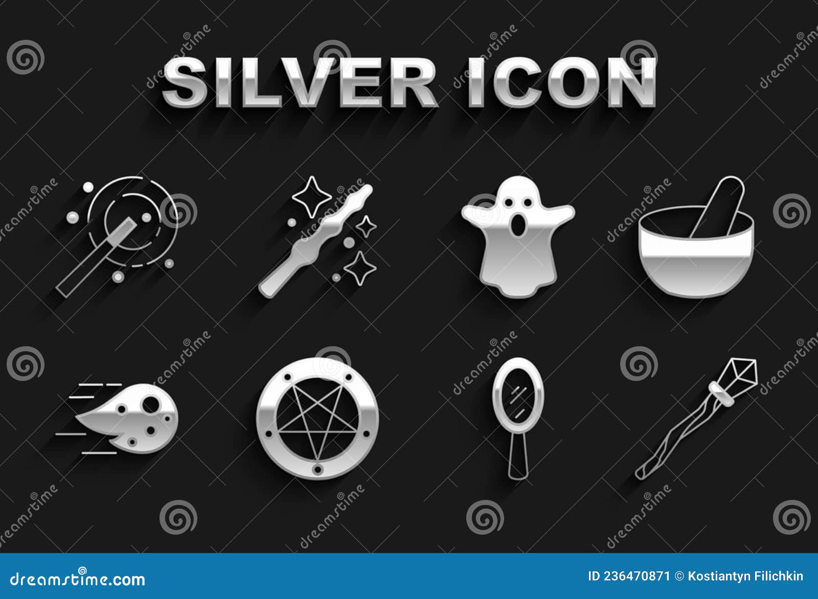 Set Pentagram in a Circle, Witch Cauldron, Magic Staff, Hand Mirror ...