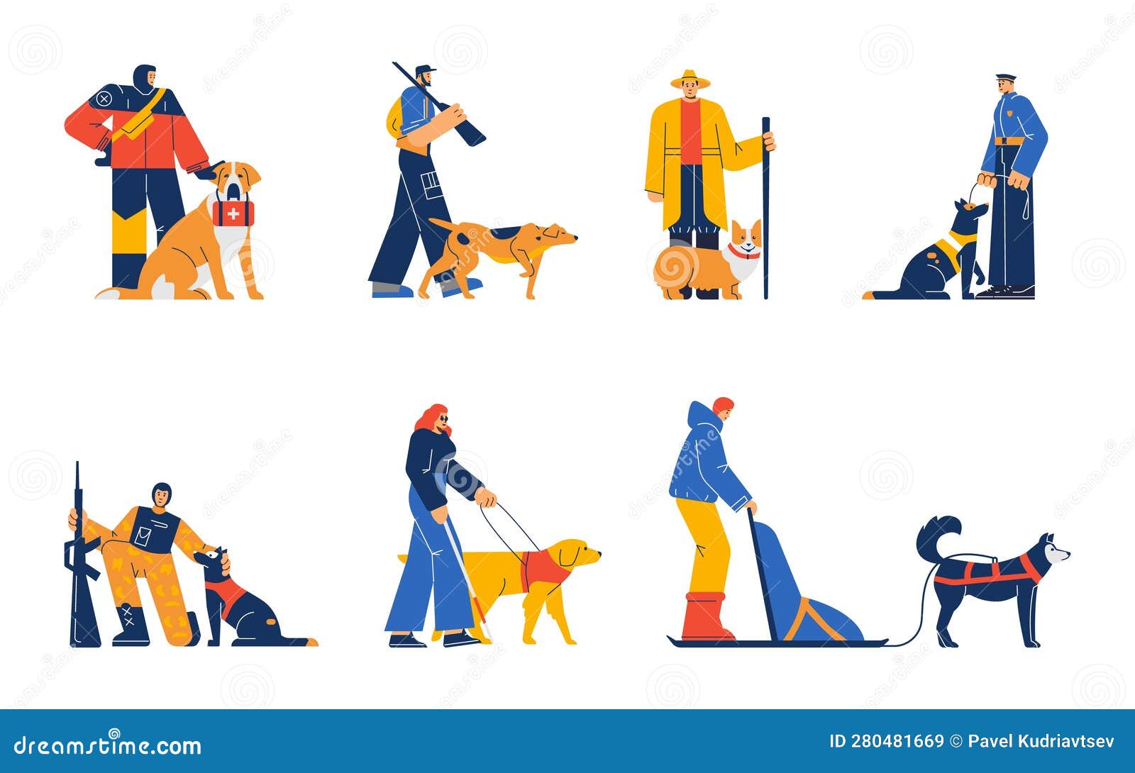 Set of People with Assistance Dogs Flat Style, Vector Illustration ...