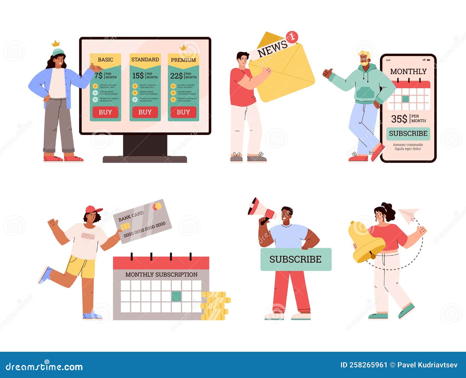 Set of People Characters Advertising Various Subscriptions Flat Style ...