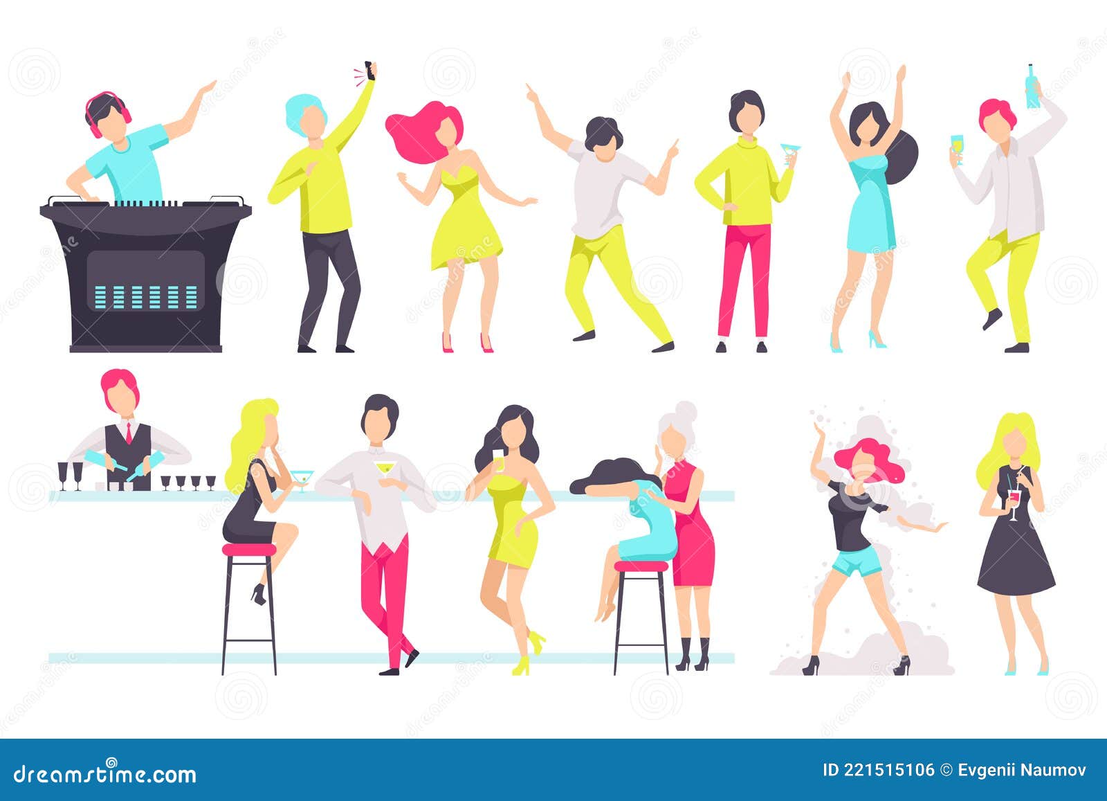Set of People Drinking Alcohol Drinks and Dancing at Club Flat Vector ...
