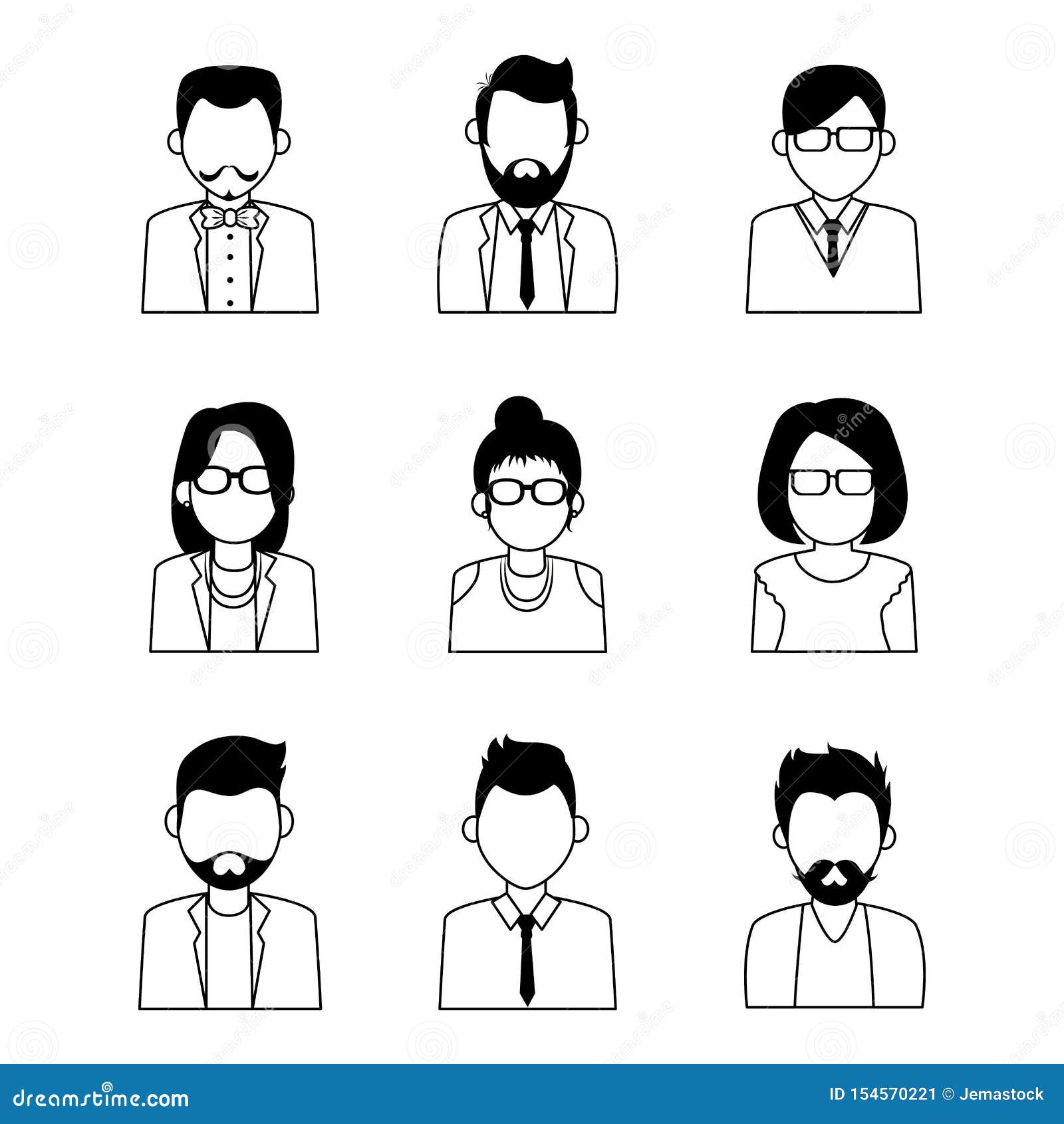 Set of People Faceless Characters Icons in Black and White Stock Vector ...