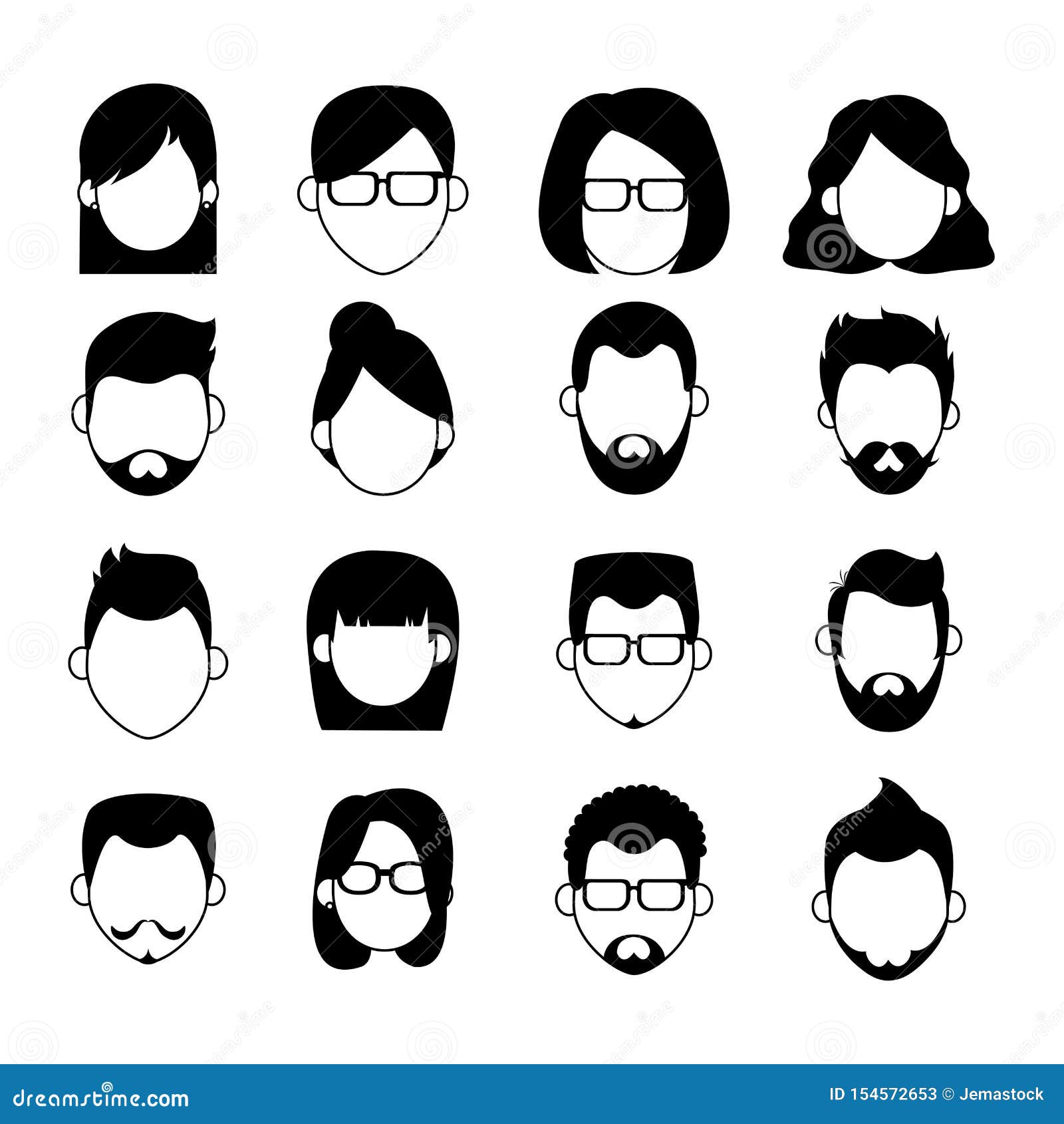 Set of People Faceless Characters Icons in Black and White Stock Vector ...