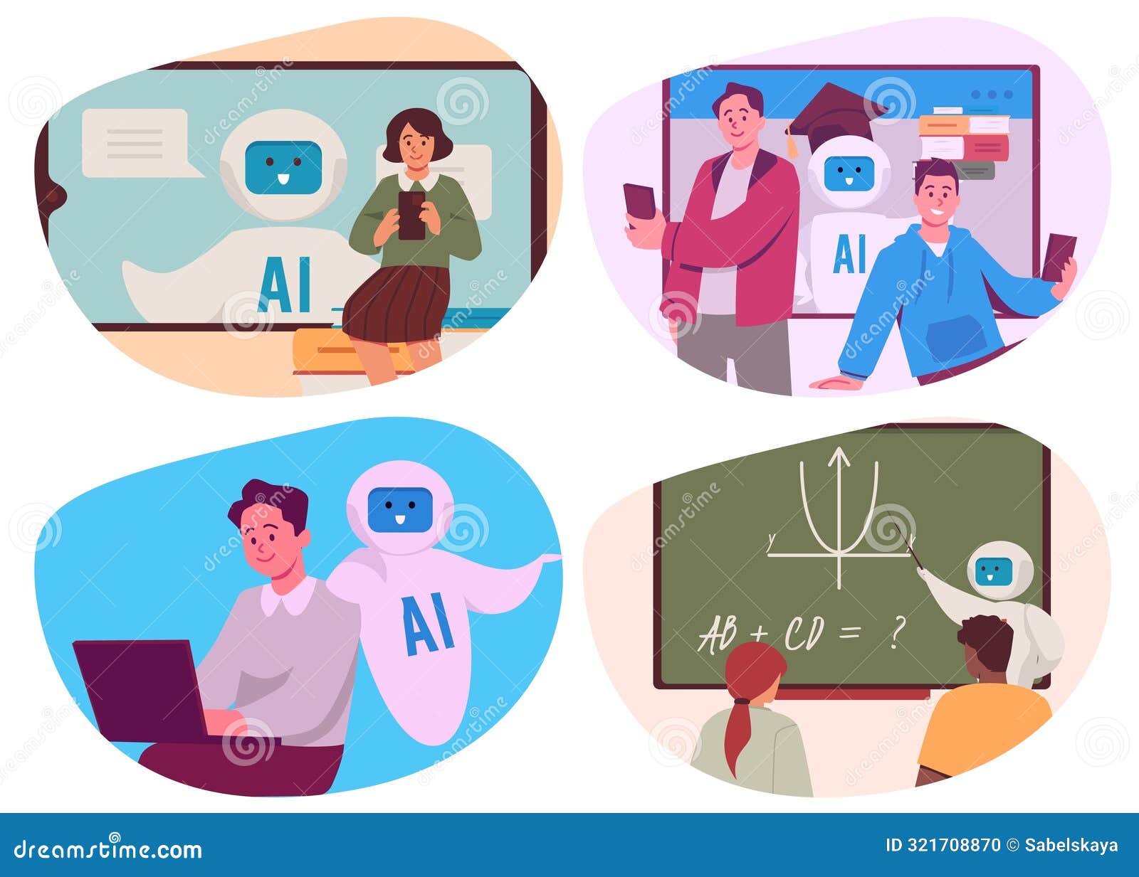 Set of People Learning with AI Robots Flat Style, Vector Illustration ...