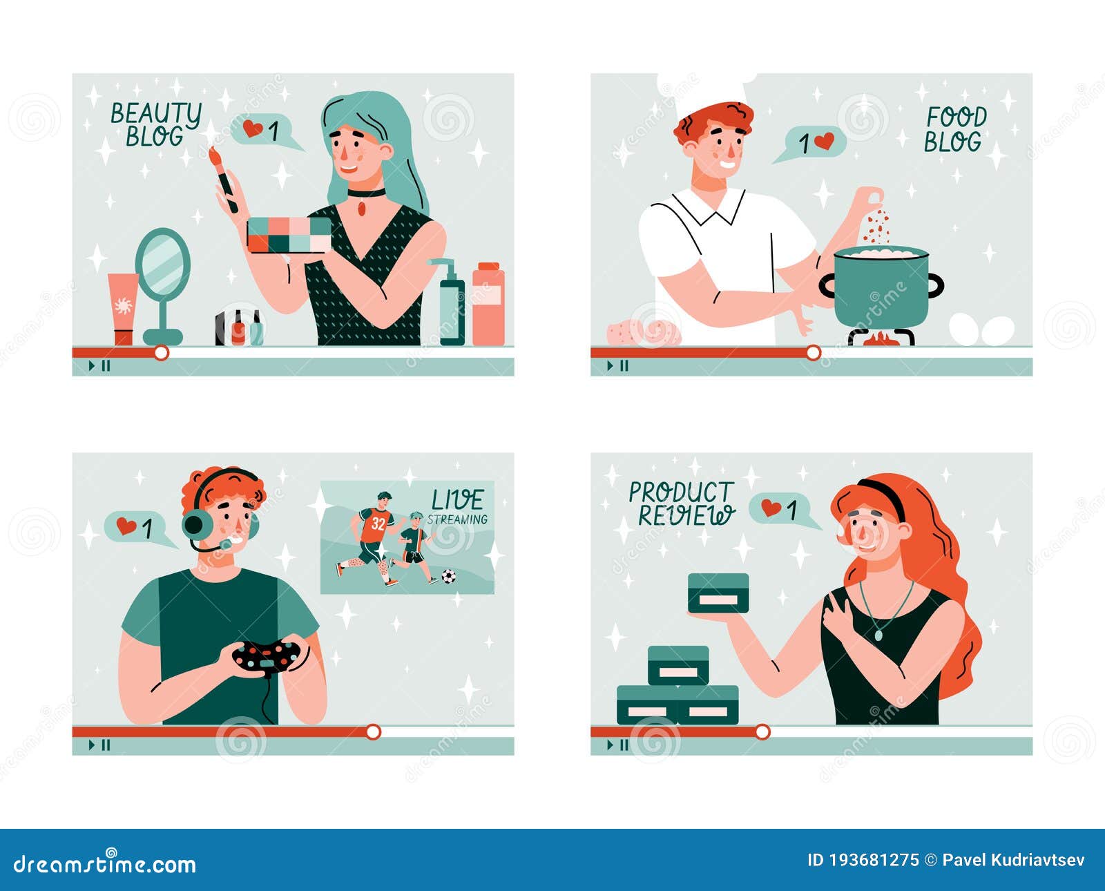 Set Of People On Live Stream Or Video Tutorial Flat Cartoon Vector ...