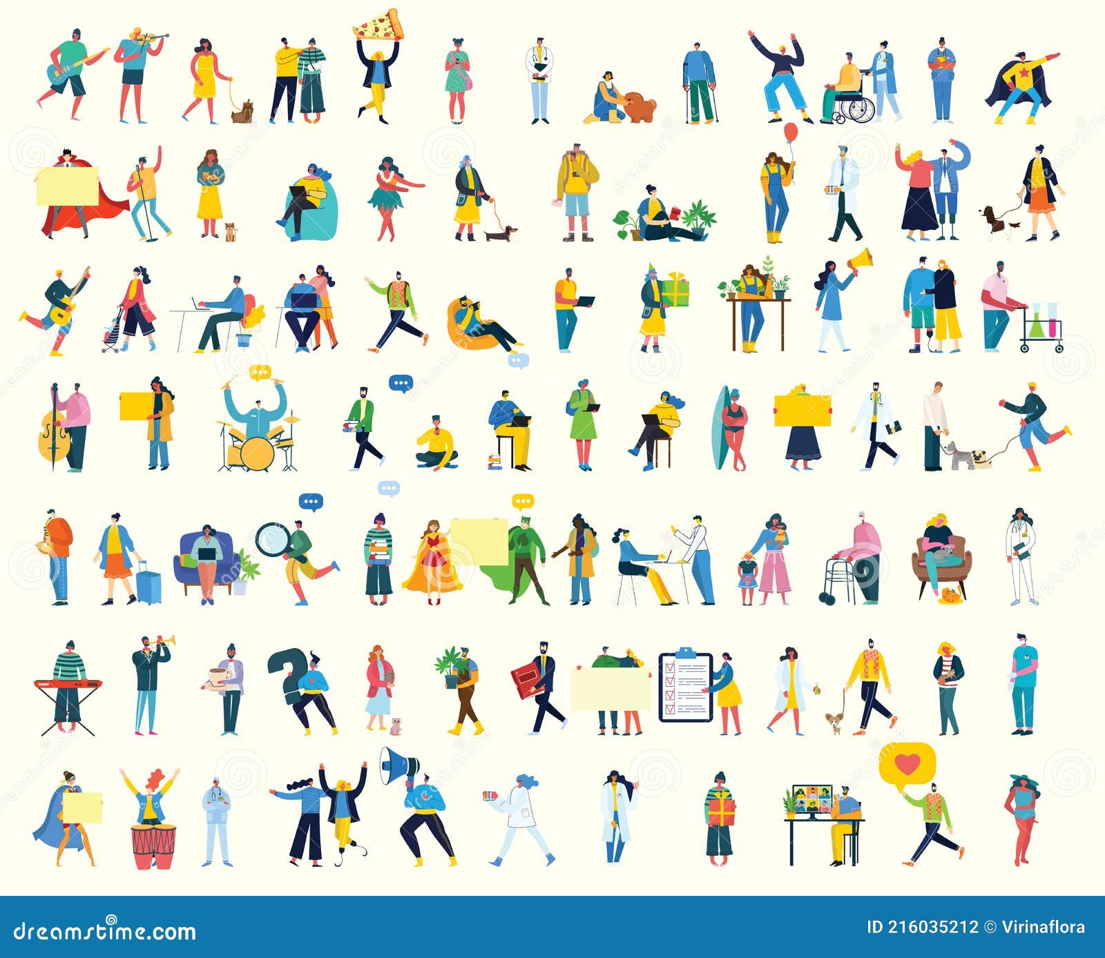 Set of People, Men and Women with Different Things. Vector Graphic ...