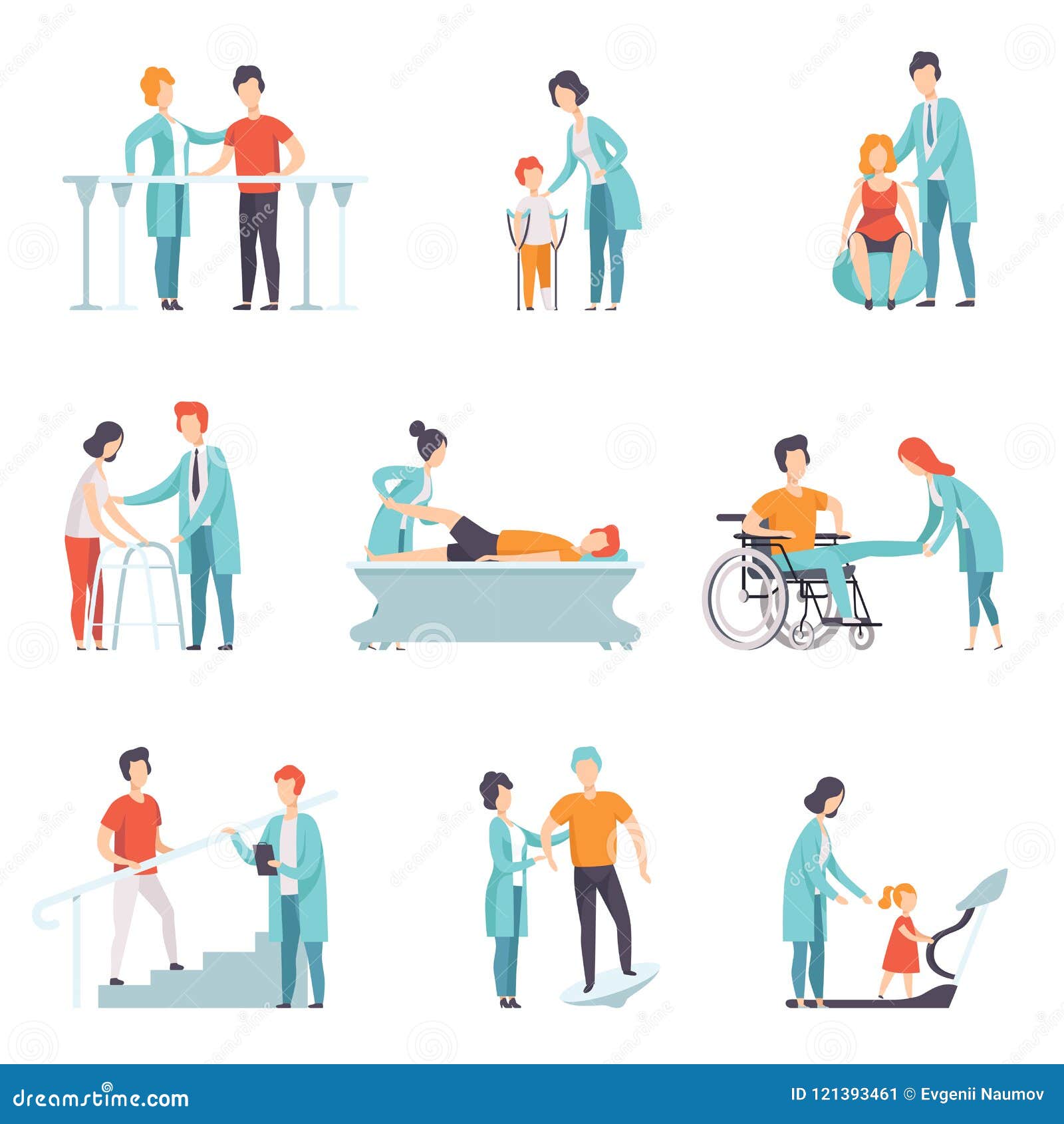 Flat Vector Set Of People On Rehabilitation Physiotherapy Clinic