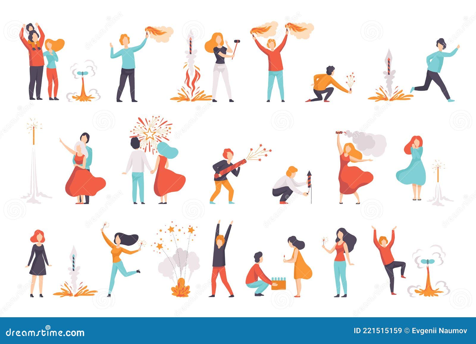 Set of People Setting Off and Watching Explosion of Firework Rockets ...