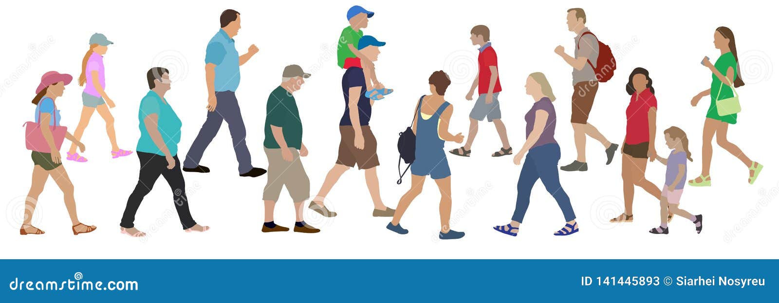 Walking People. Flat Men And Women With Children Outdoor Street ...