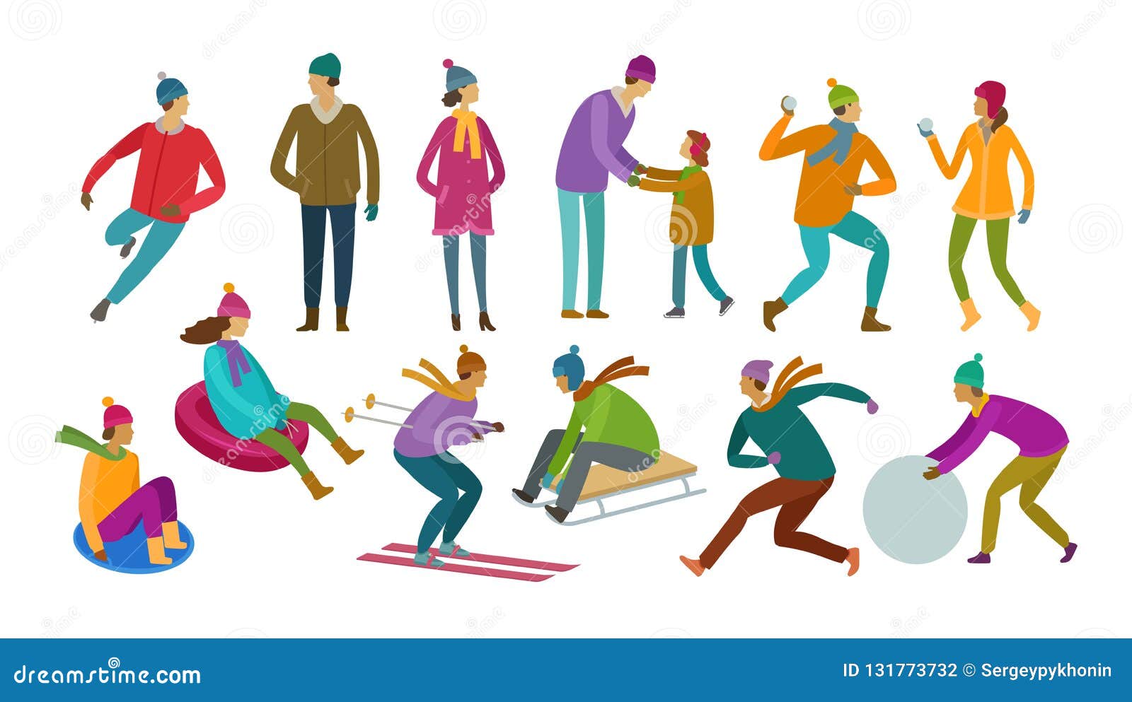 Set of People. Winter Activity, Wintertime Concept. Cartoon Vector ...