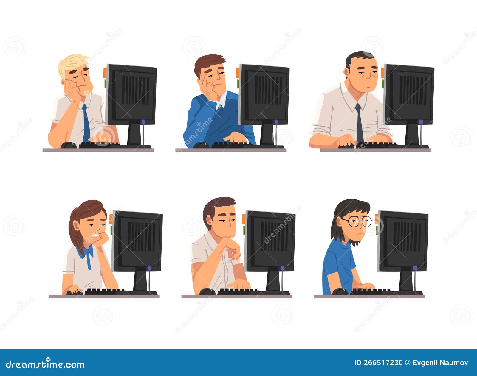 Set of People Working at Computers. Office Employees with Bored ...