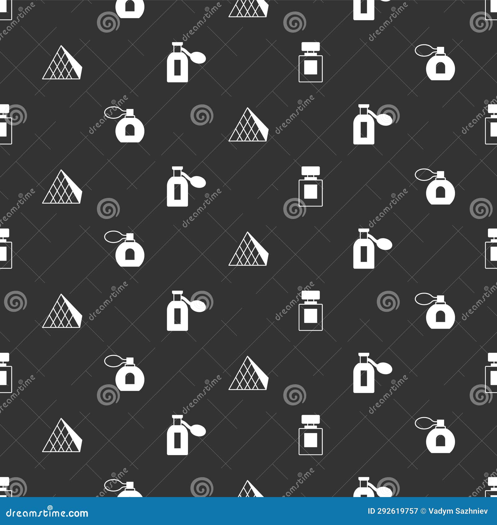 Set Perfume, Louvre Glass Pyramid and on Seamless Pattern. Vector ...