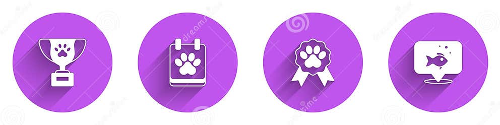 Set Pet Award Symbol, Calendar Grooming, and Fish Icon with Long Shadow ...
