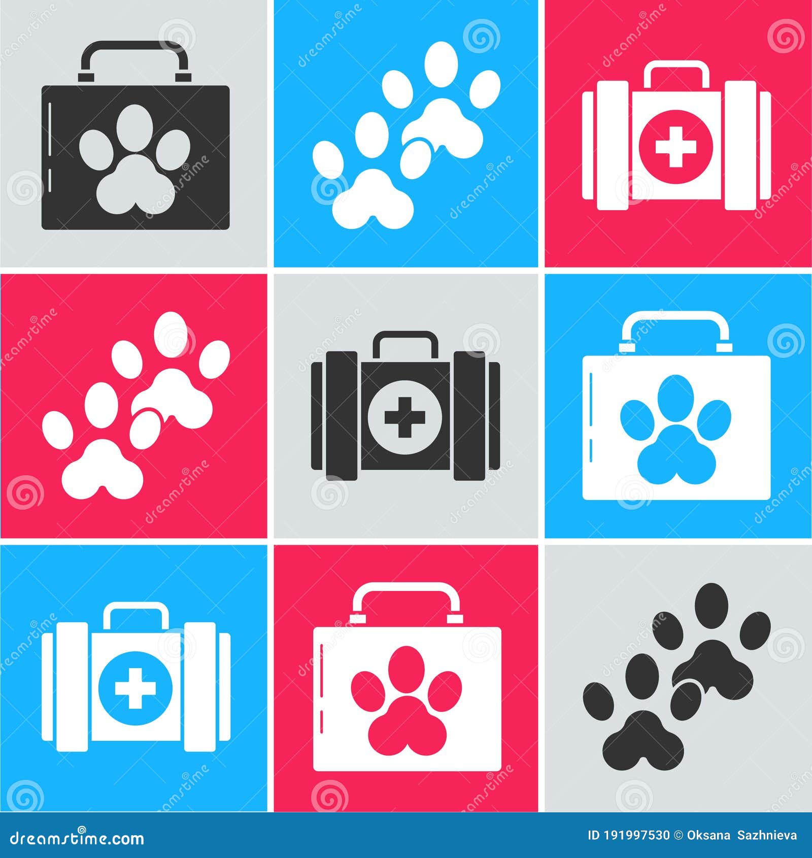 Set Pet First Aid Kit, Paw Print and Pet First Aid Kit Icon. Vector ...