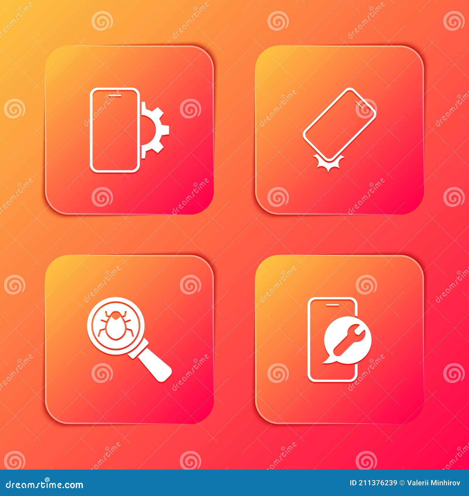 Set Phone Repair Service, Shockproof Phone, System Bug and Mobile Icon ...