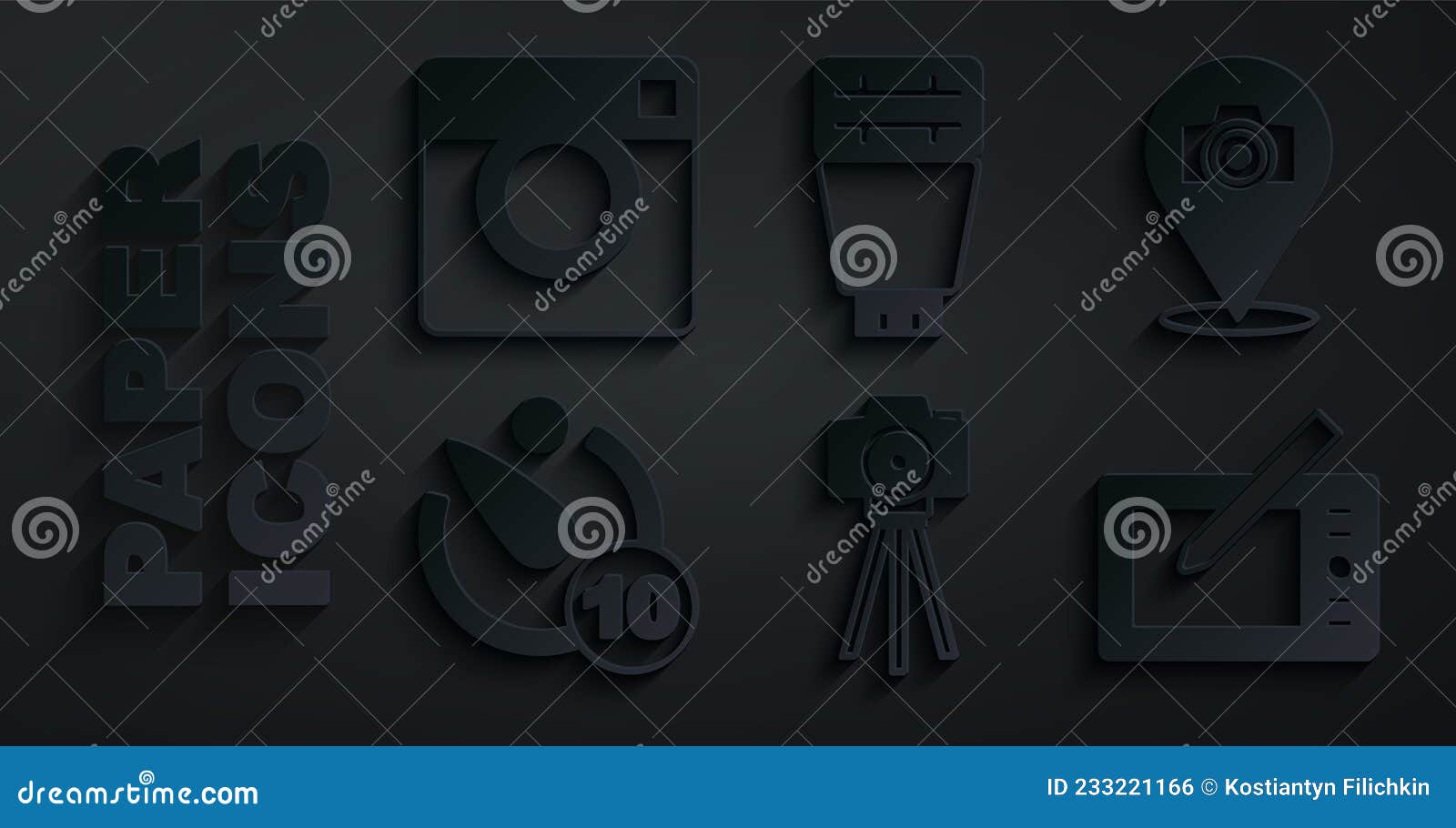 Set Photo Camera, Camera Timer, Graphic Tablet, Flash and Icon. Vector ...
