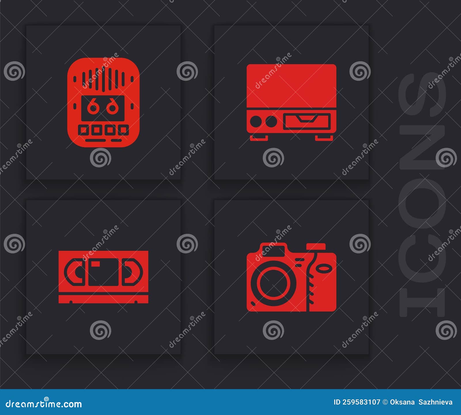 Set Photo Camera, Cassette Tape Player, Old Video Cassette and VHS Icon ...