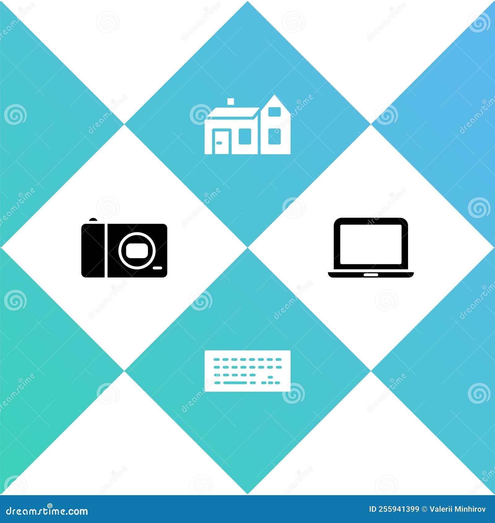 Set Photo Camera, Keyboard, House and Laptop Icon. Vector Stock Vector ...