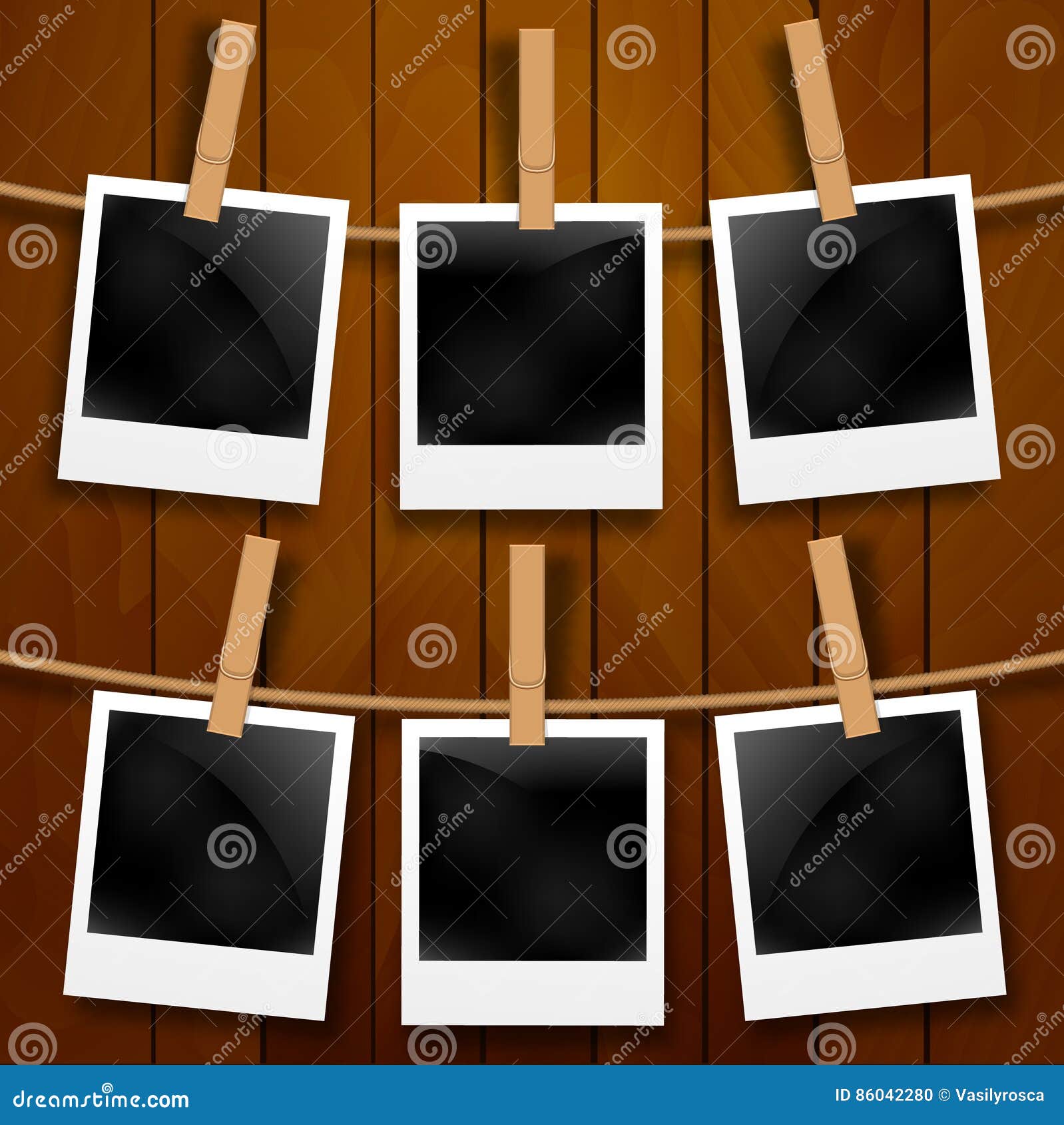 Set of Photo Frames on the Rope with Clothespin. Photo Frames Set on ...