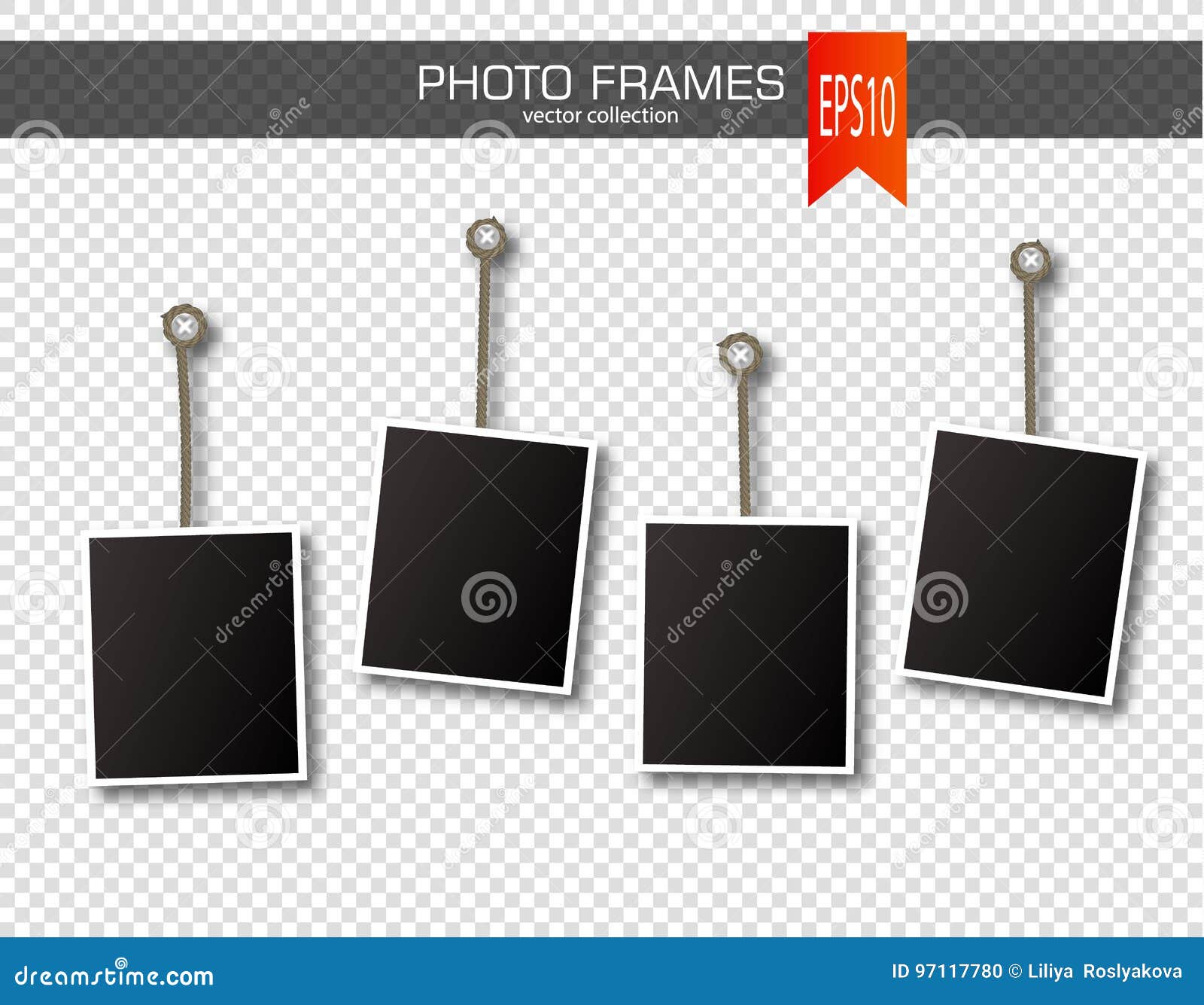 Set of Photo Frames on the Rope on a Transparent Background . Vector ...