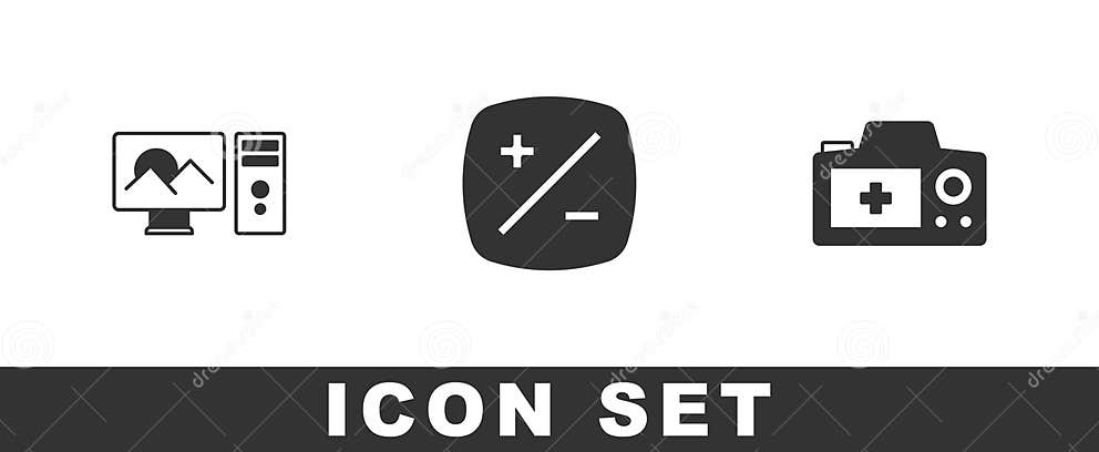Set Photo Retouching, Exposure Compensation and Camera Icon. Vector ...